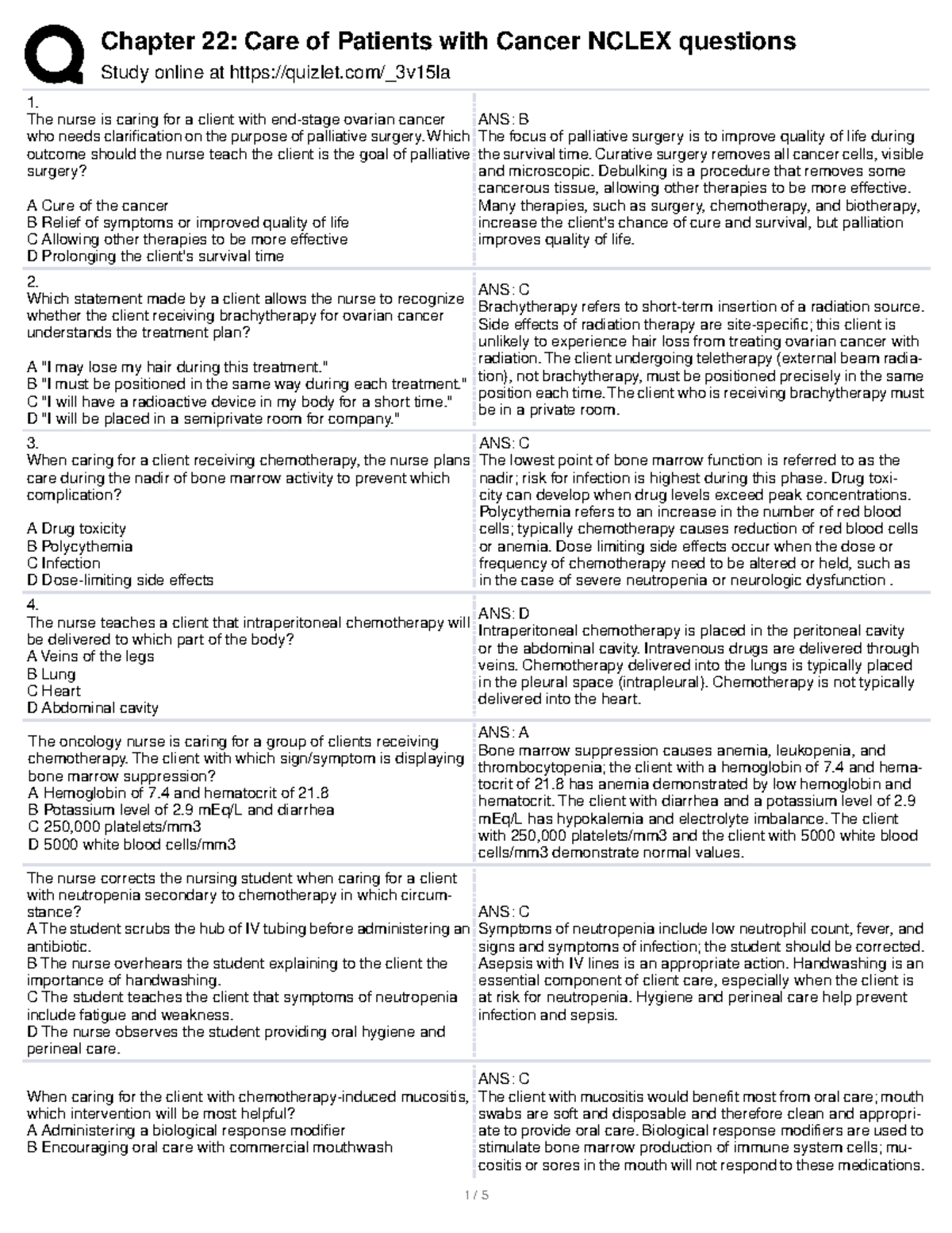 Chapter 22 Care of Patients with Cancer Nclex questions - Study online ...