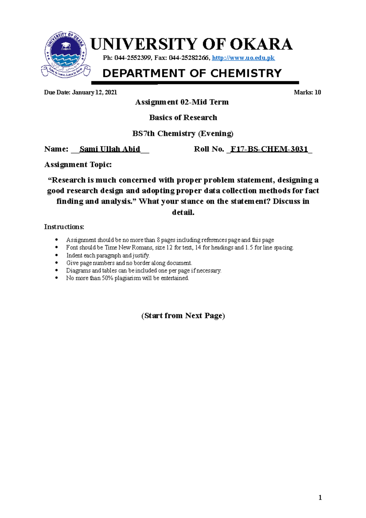 Midterm Assignment - nnnnnn - UNIVERSITY OF OKARA Ph: 044-2552399, Fax ...