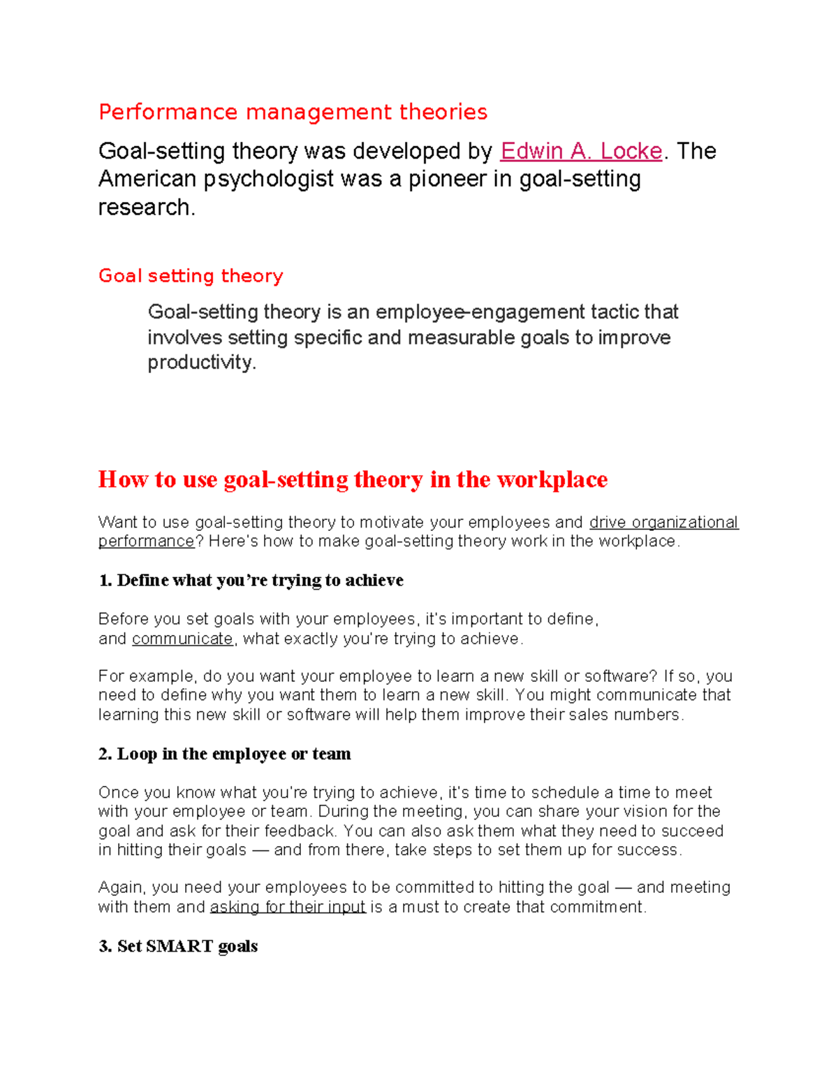 PM Theories - Summary Hrm - Performance management theories Goal-setting theory was developed by ...