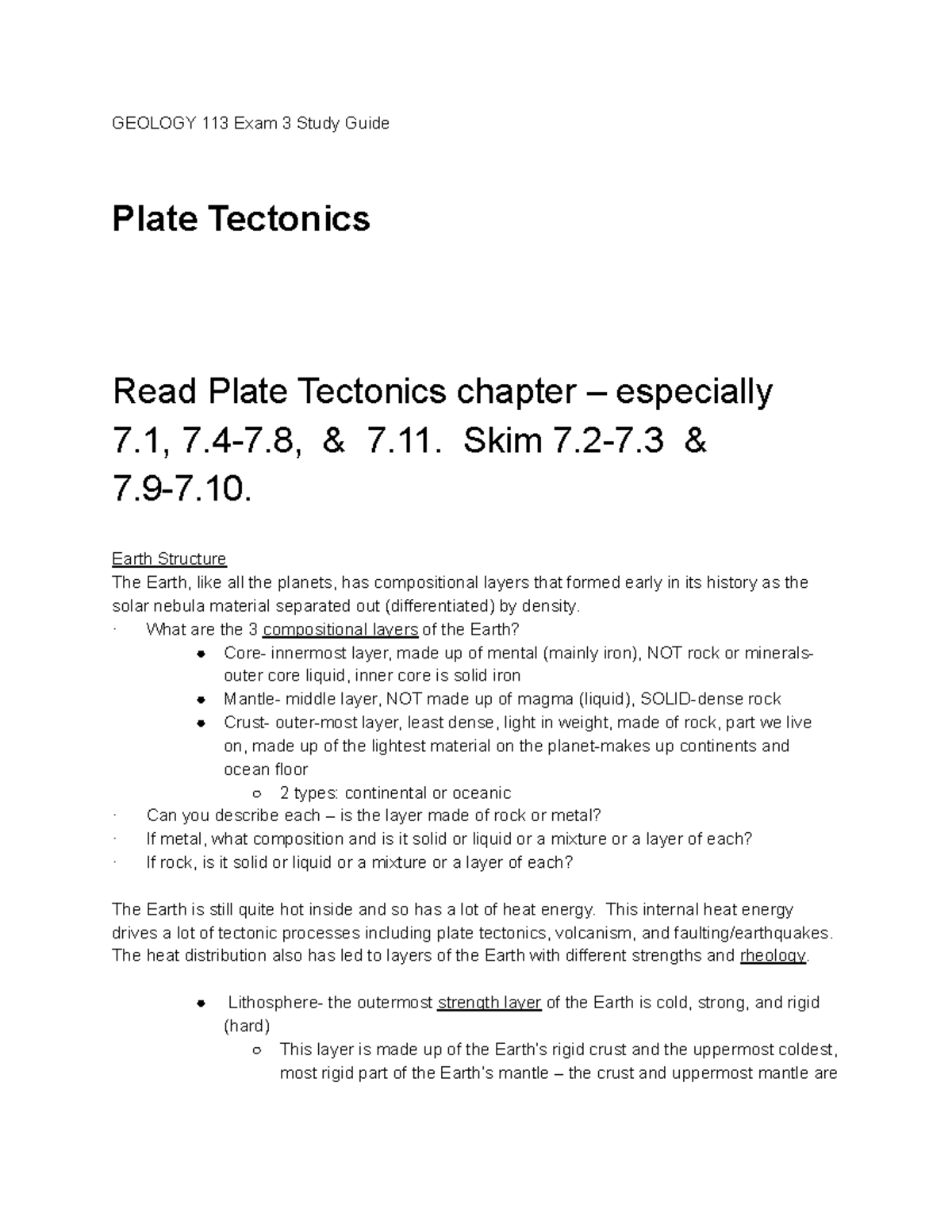 Final Study Guide - prof.annote - GEOLOGY 113 Exam 3 Study Guide Plate ...
