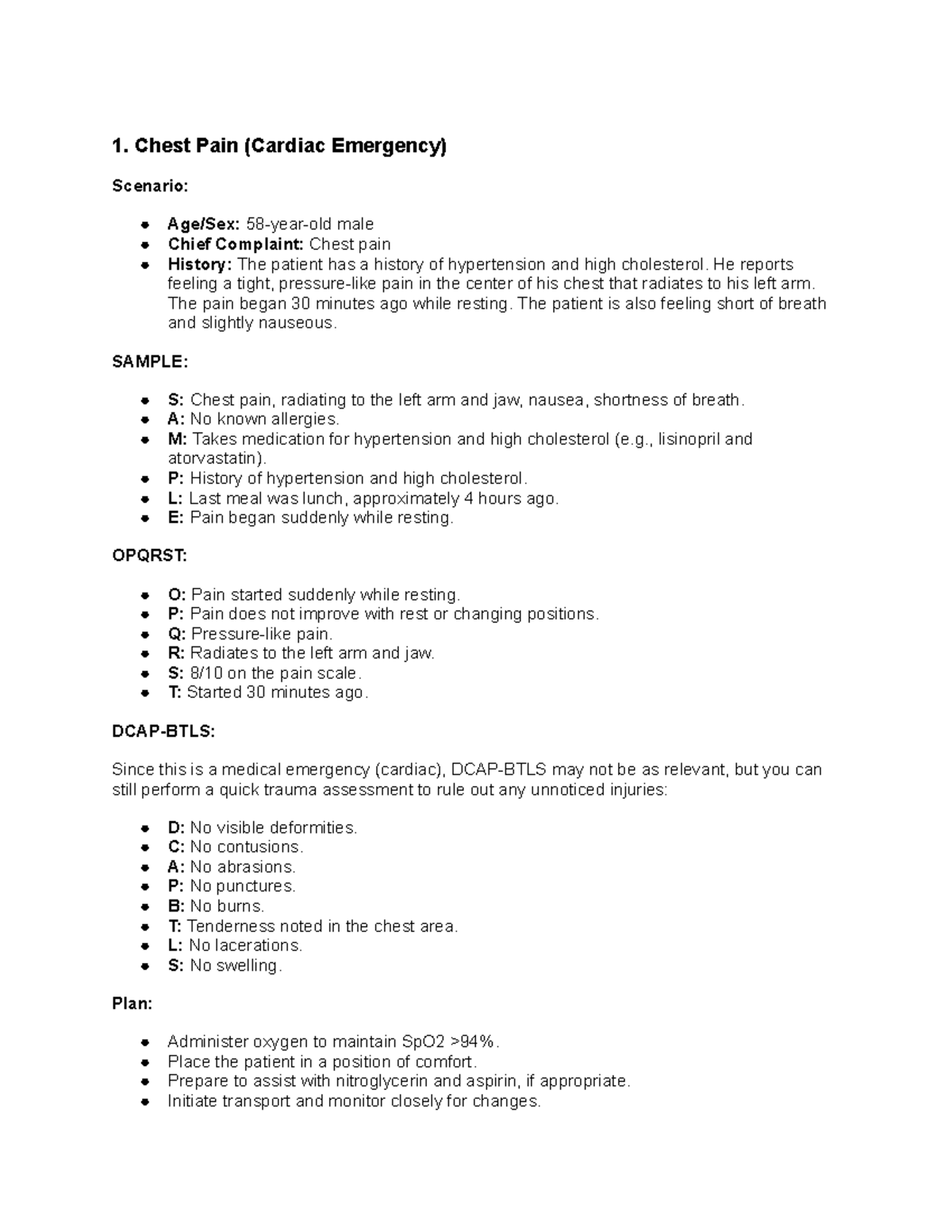 Patient Assessment Scenarios - 1. Chest Pain (Cardiac Emergency ...