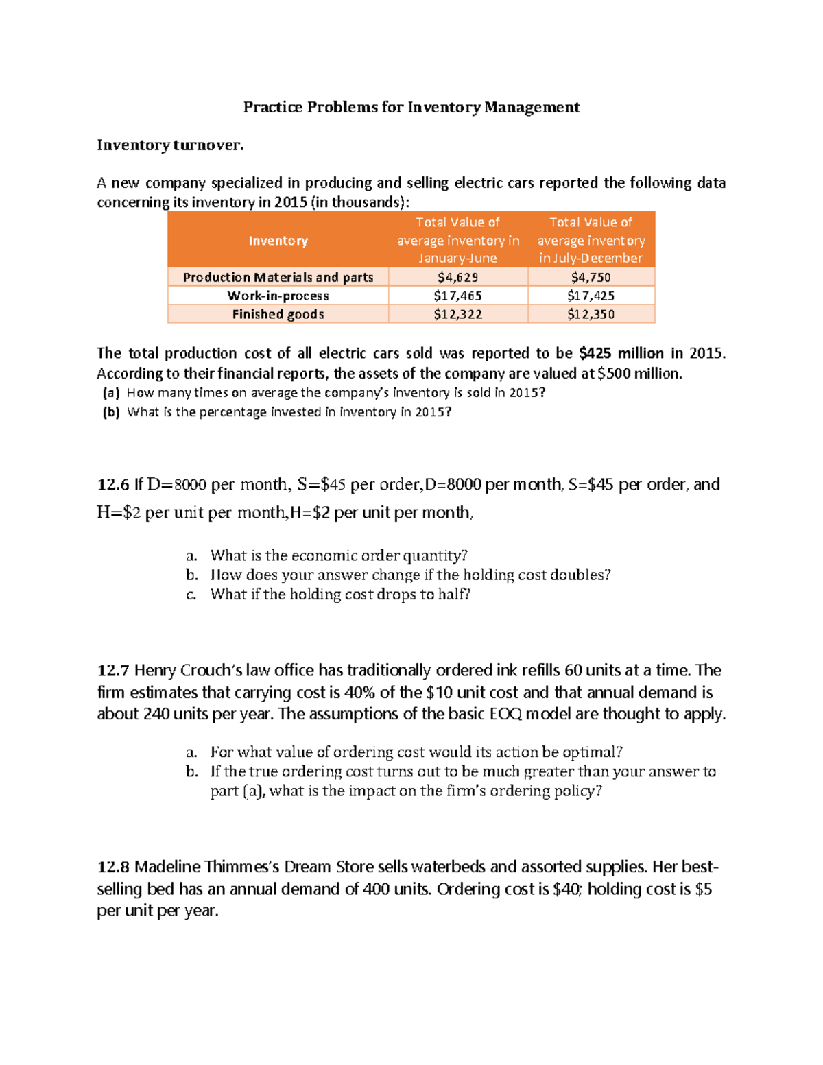 Practice Problems for Inventory Management - Practice Problems for ...