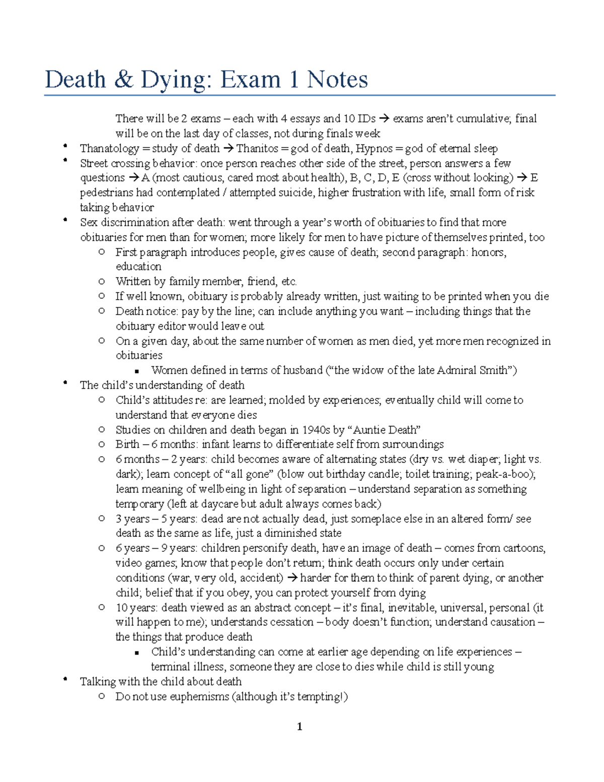 Exam 1 Study Guide - Death & Dying: Exam 1 Notes There will be 2 exams ...