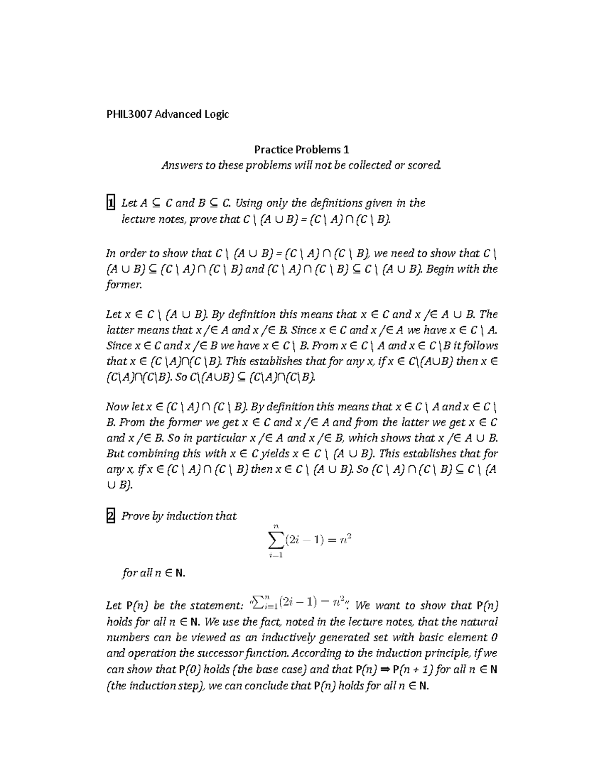 Practice 1 answers UWA advanced logic - PHIL3007 - UWA - Studocu