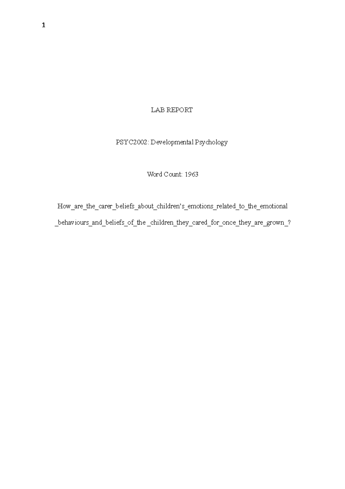 Lab Report Final - LAB REPORT PSYC2002: Developmental Psychology Word ...