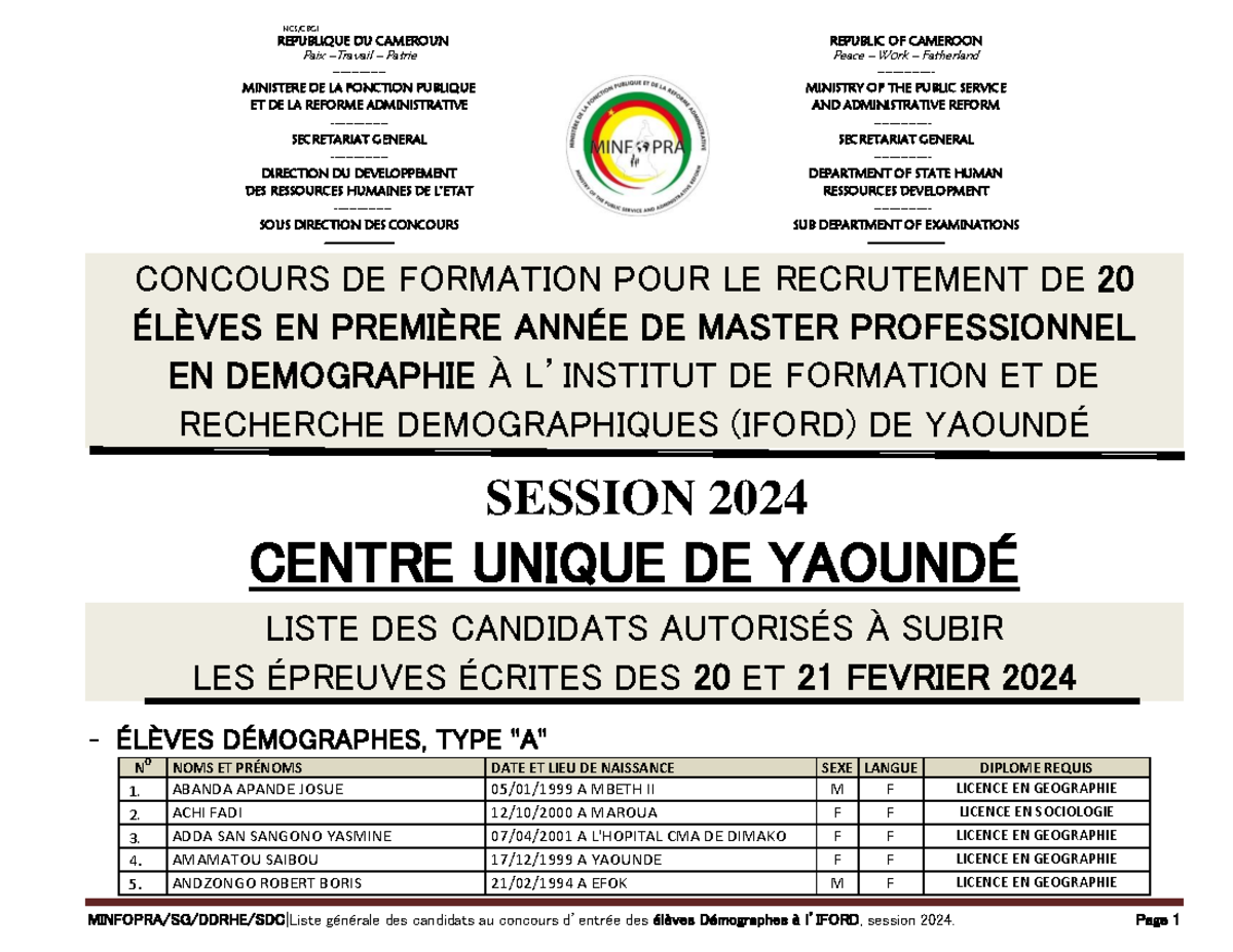 Iford Liste Candidats -2024 - ####### NCS/CBGI REPUBLIQUE DU CAMEROUN ...