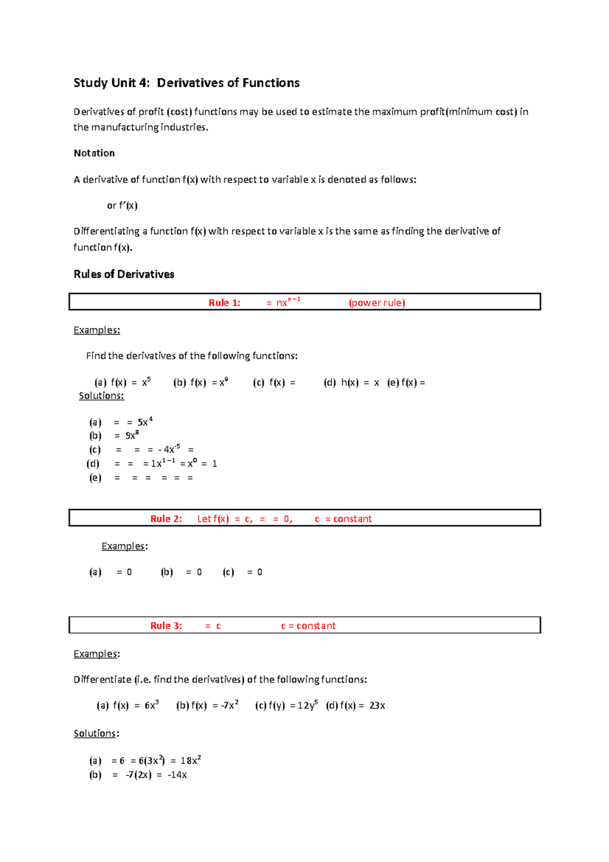 STFM125 Derivatives of Functions -Rules 1 - 10 - Study Unit 4: Derivatives of Functions ...