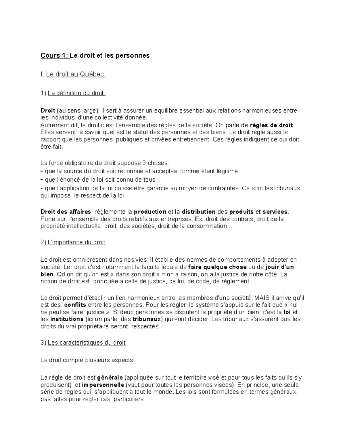 Notes de cours 1 - Le droit et les personnes - Cours 1: Le droit et les ...