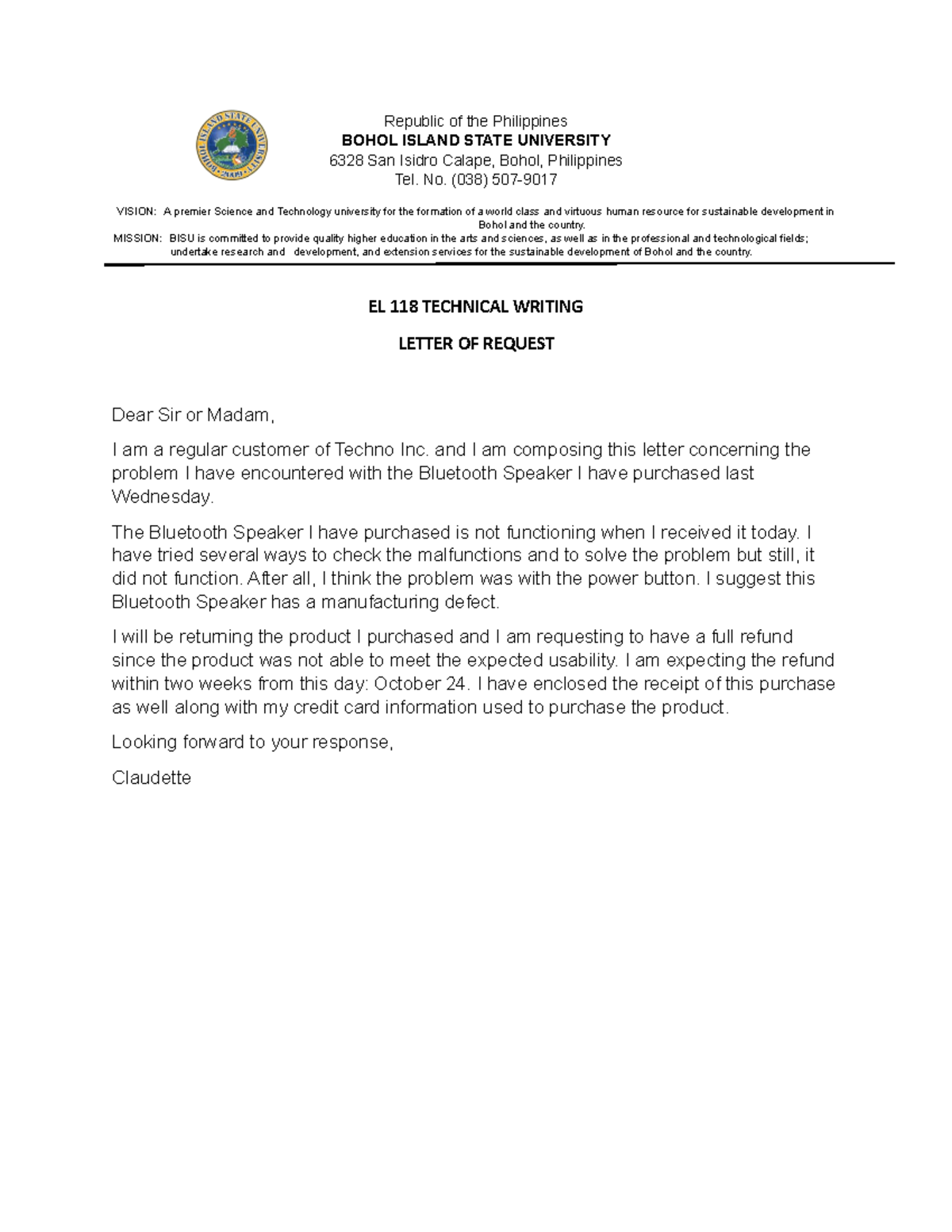 Letter of Request (upload) - Republic of the Philippines BOHOL ISLAND ...