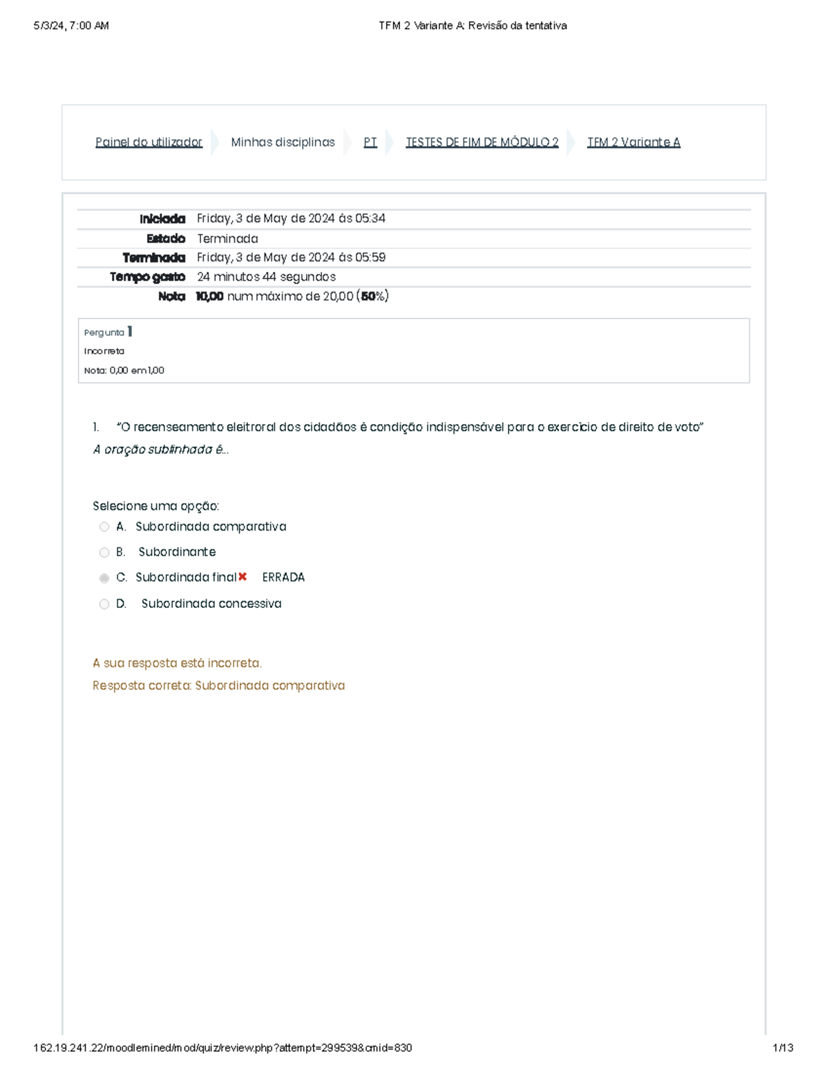 TFM 2 Variante A Revisão da tentativa - Painel do utilizador Minhas ...