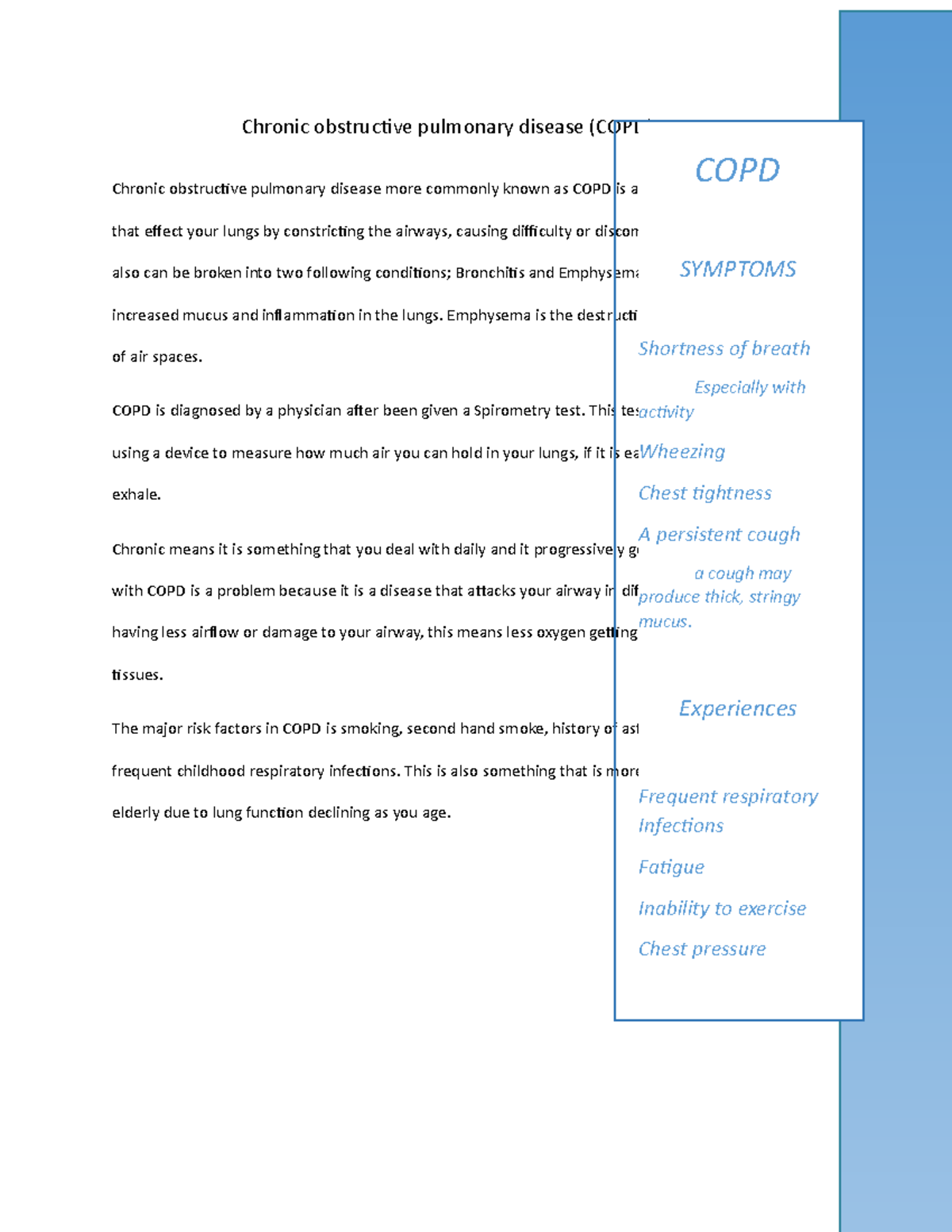 Copd fact sheet-1 - Fact Sheet Assignment - HIM 1430 - Valencia College ...