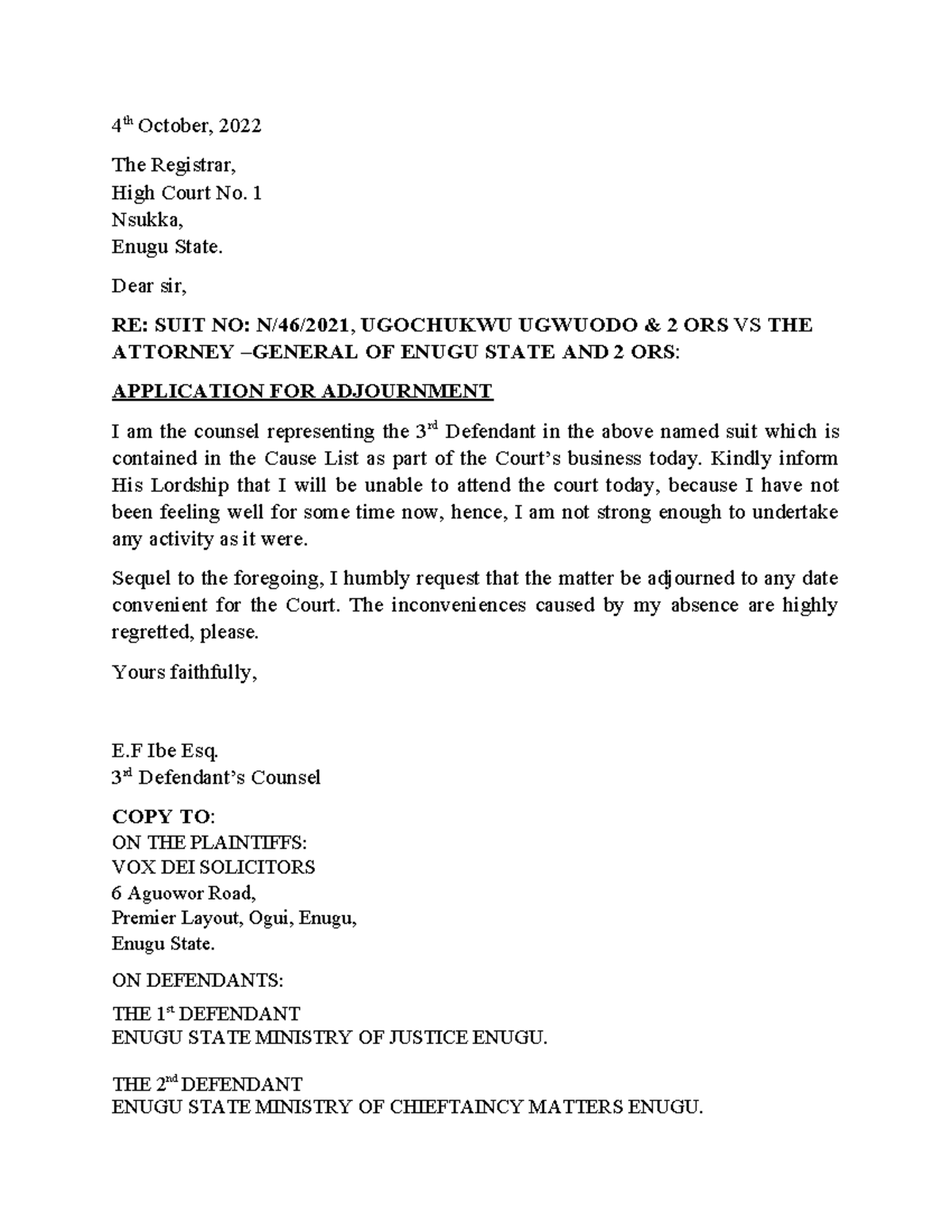Adjournment Letter - It is just a guide - 4 th October, 2022 The ...