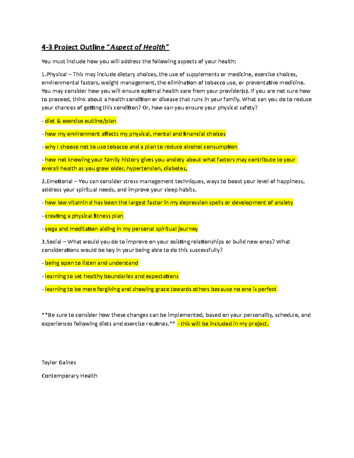 Contemporary Health Outline 1 - 4-3 Project Outline “Aspect of Health ...