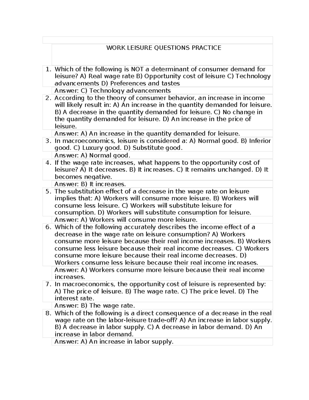 Consumer work leisure decision MCQs - WORK LEISURE QUESTIONS PRACTICE ...