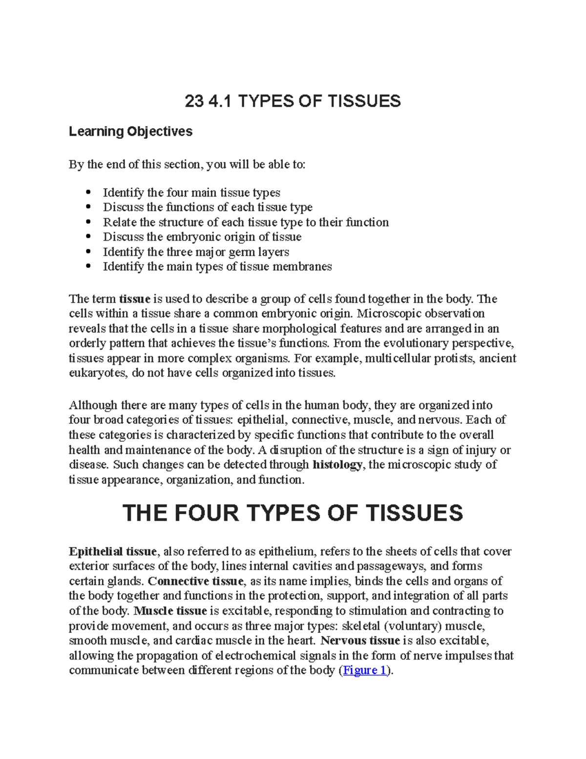Tissues - Lecture notes 1 - 23 4 TYPES OF TISSUES Learning Objectives ...