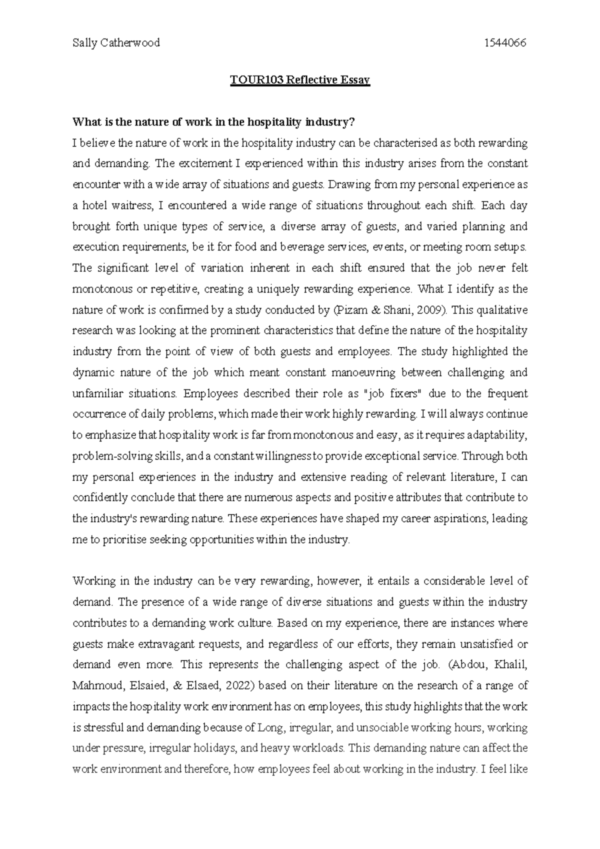 TOUR103 Reflective Essay - Introduction to Hospitality - University of ...