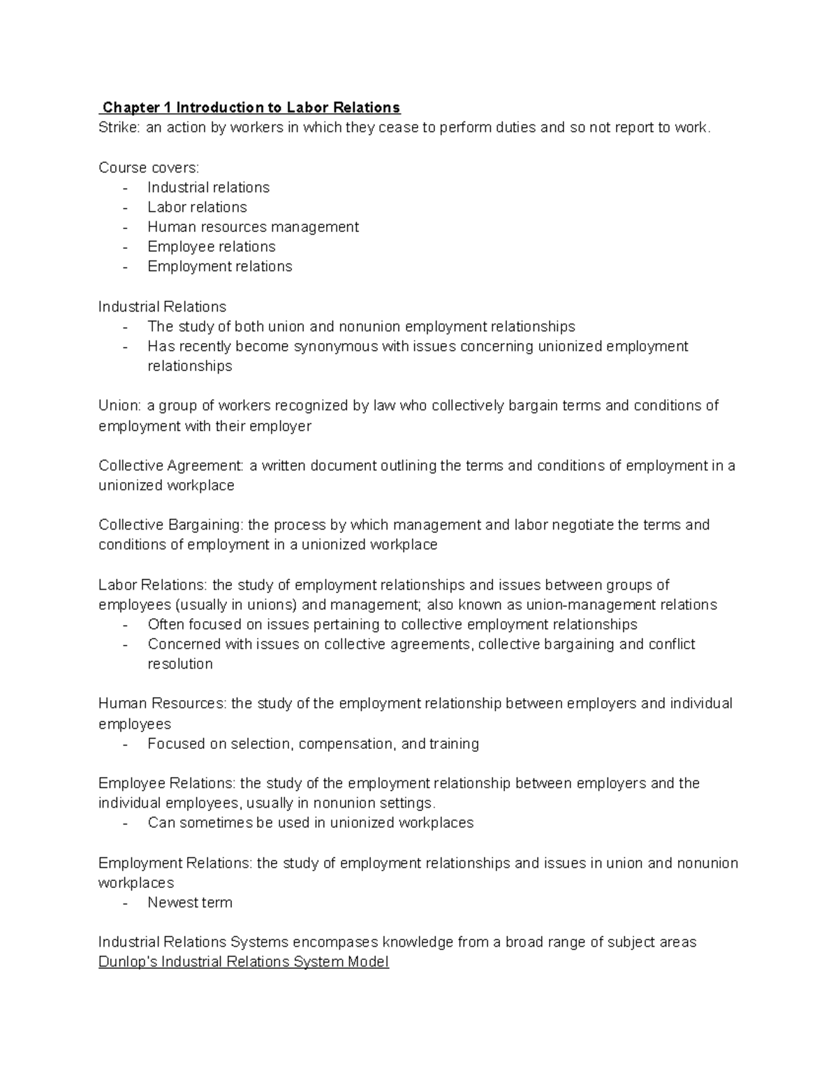 B4330-Chapter Notes - Chapter 1 Introduction to Labor Relations Strike ...