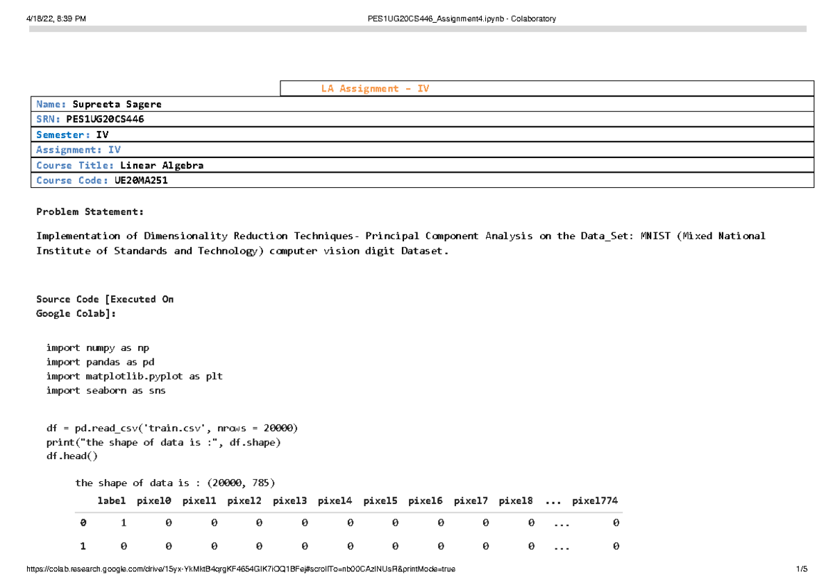 PES1UG20CS446 LAAssignment 4 - LA Assignment – IV Name: Supreeta Sagere ...