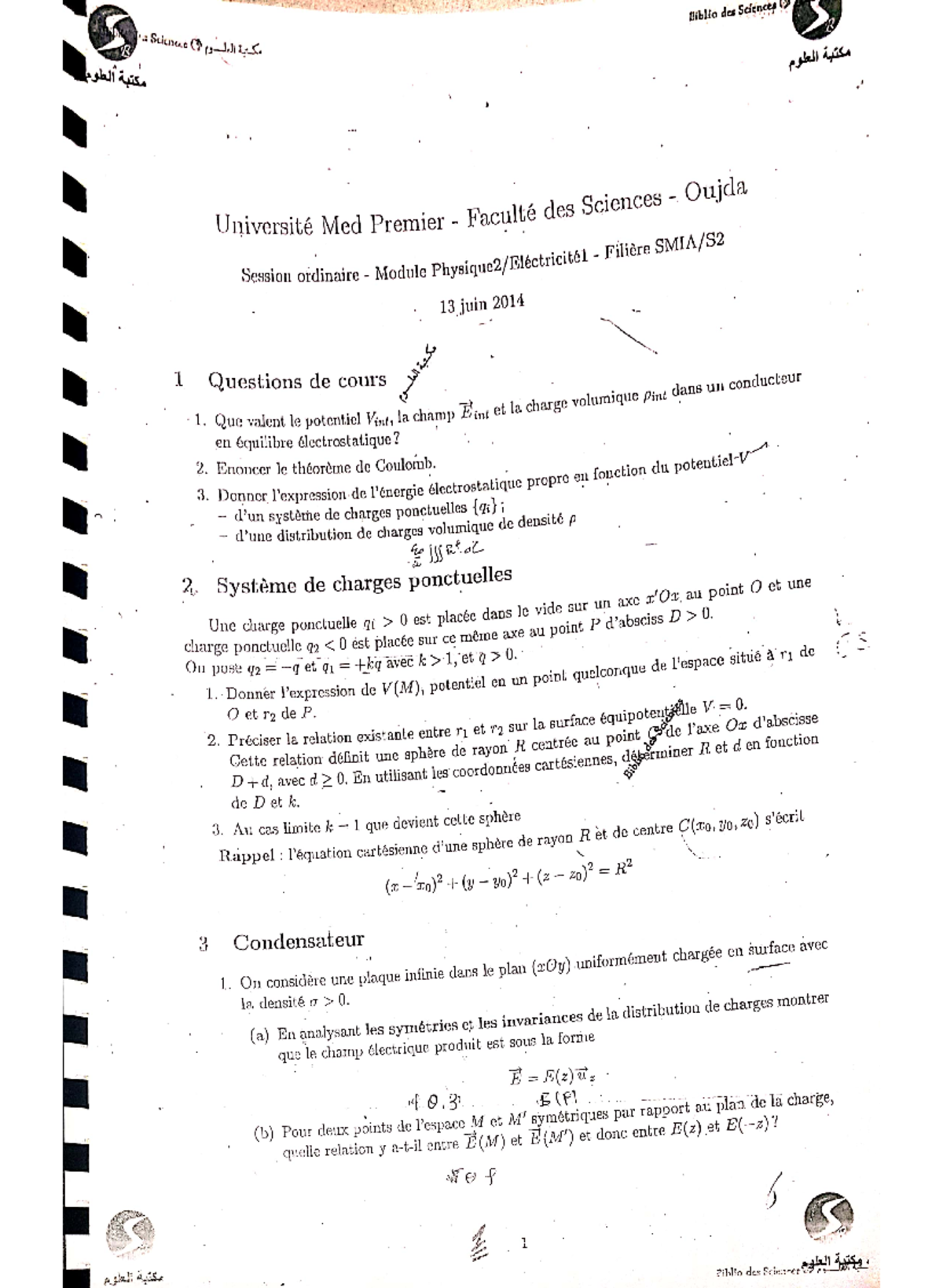 Electrostatique Exam 2013-2014 Normal Enonce - Electromagnétisme - Studocu