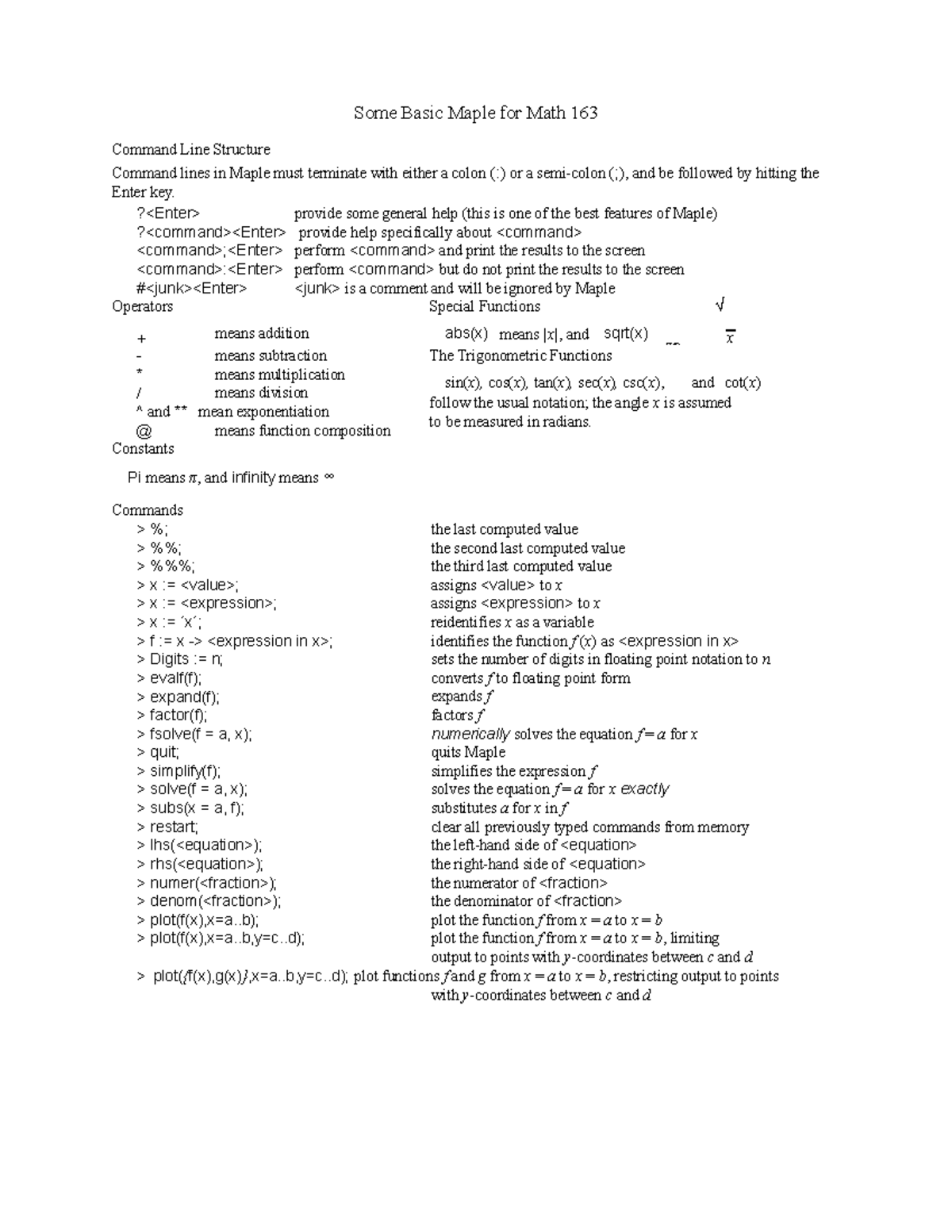 Basic Maple 163 - Some Basic Maple for Math 163 Command Line Structure Command lines in Maple ...