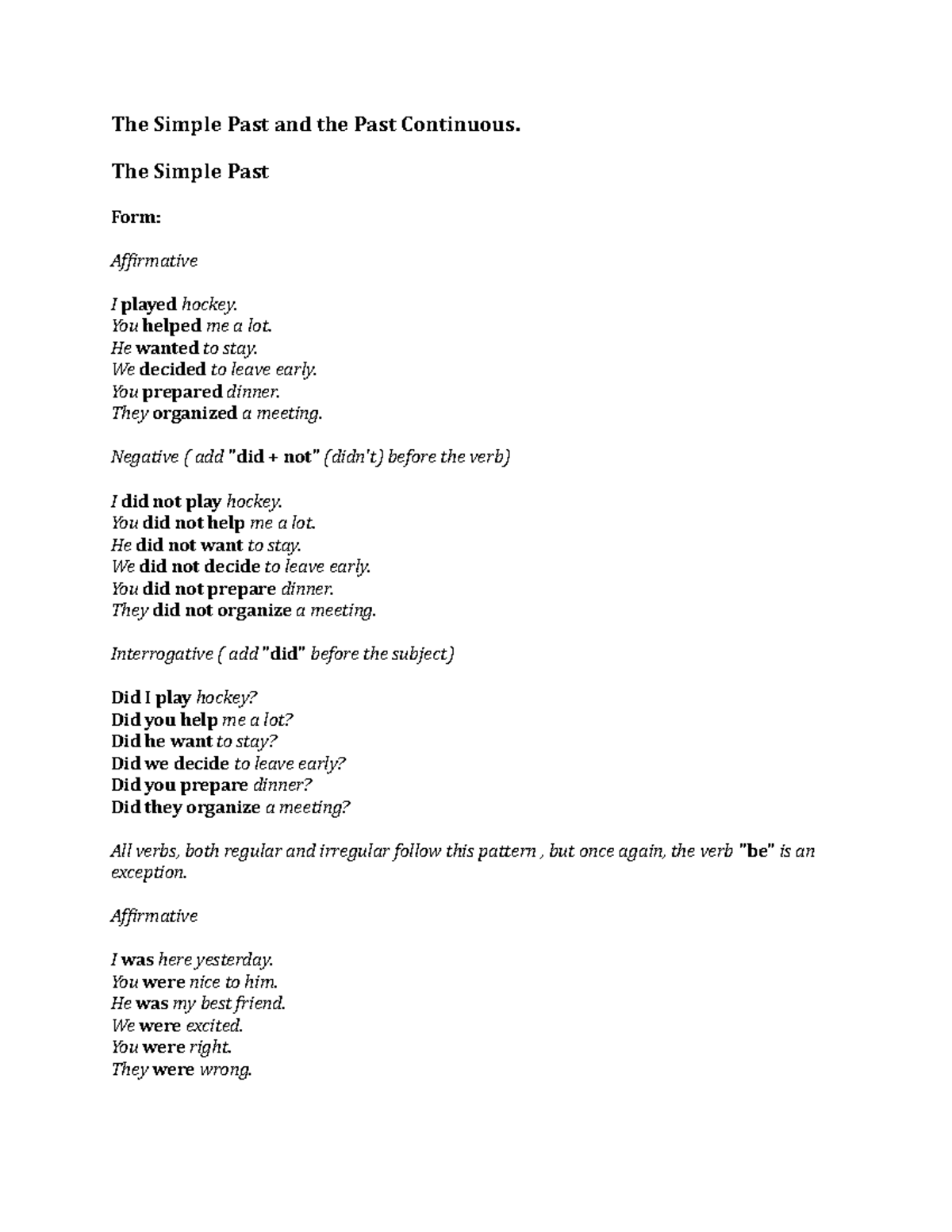 Document for Video Caption The Simple Past and the Past Continuous ...