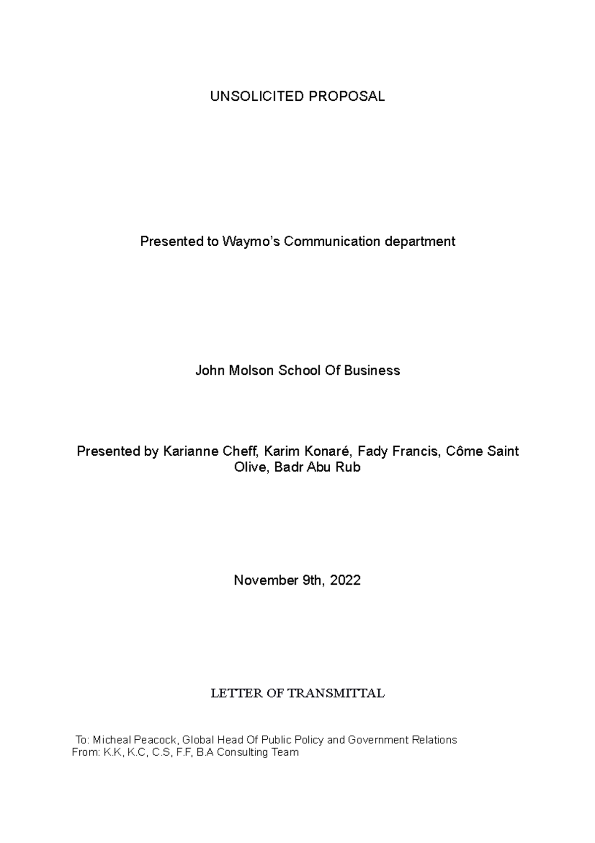 5 page proposale final - UNSOLICITED PROPOSAL Presented to Waymo’s ...