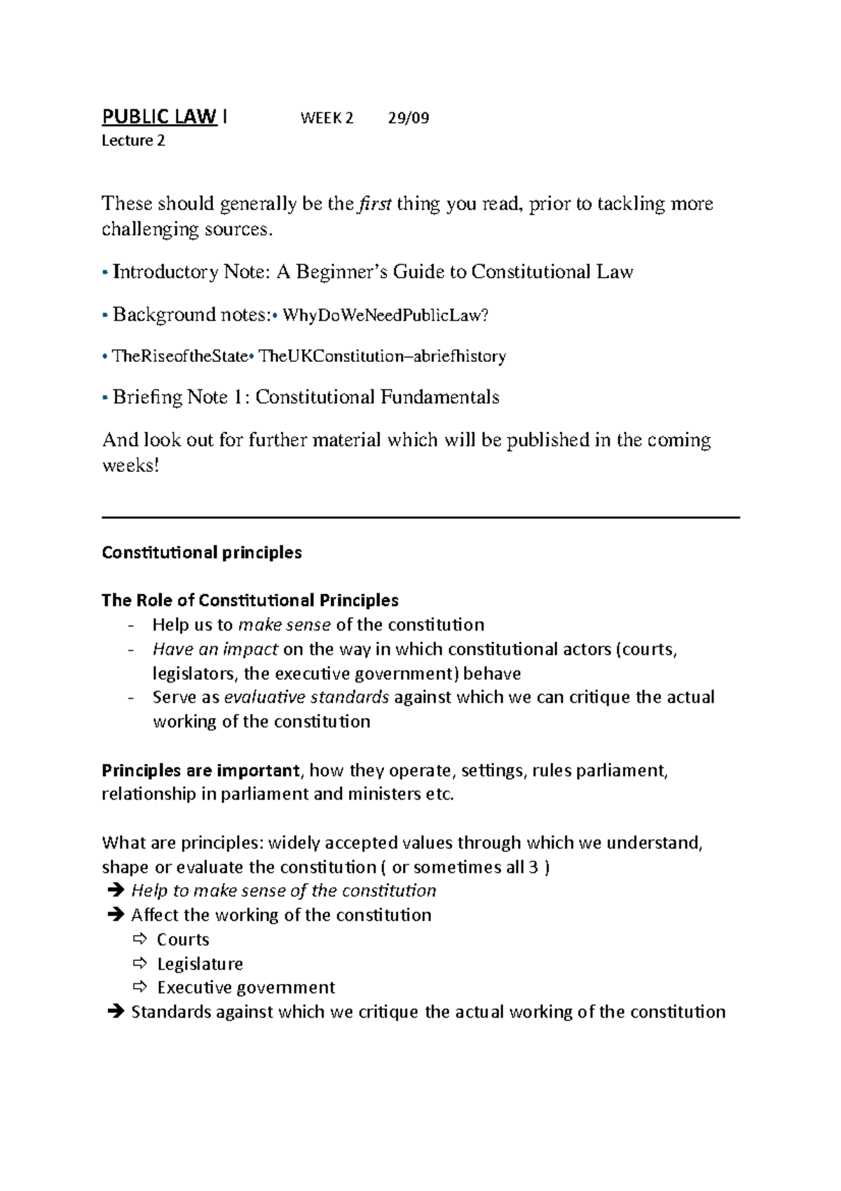 (2)PL notes week 2 Lecture - PUBLIC LAW I WEEK 2 29/ Lecture 2 These ...