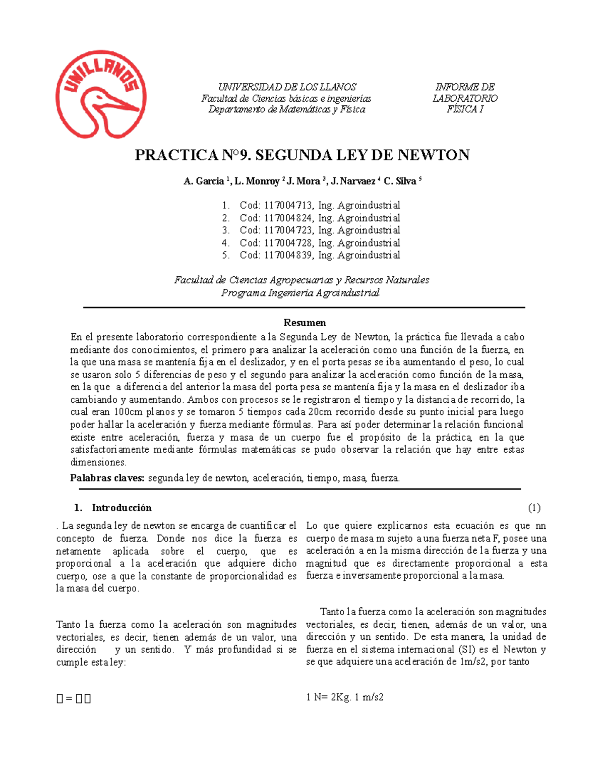 Informe 9 Segunda LEY DE Newton 111111 - UNIVERSIDAD DE LOS LLANOS Facultad de Ciencias básicas ...