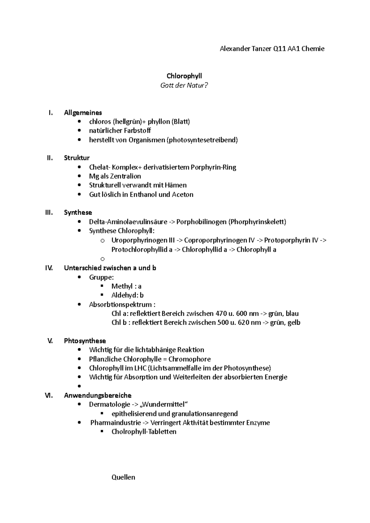 AA1 Chemie Chlorophyll Zusammenfassung einer Präsentation im Semester 1 ...