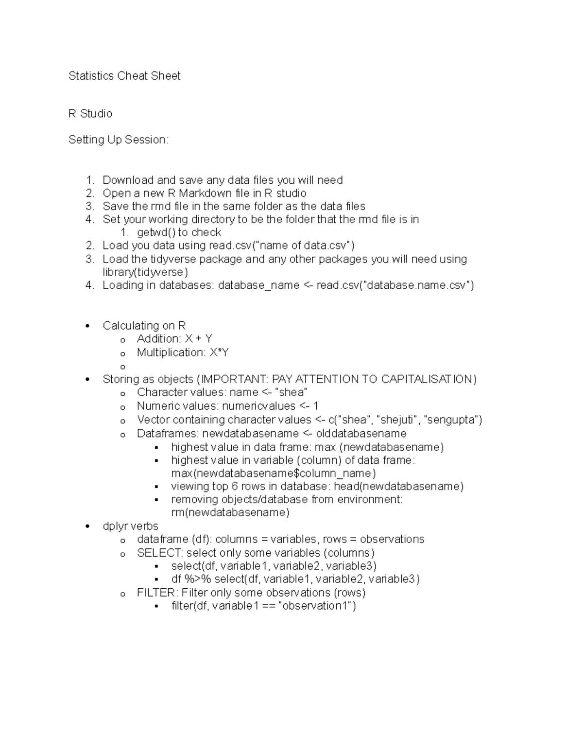 Statistics Cheat Sheet - Download and save any data files you will need ...