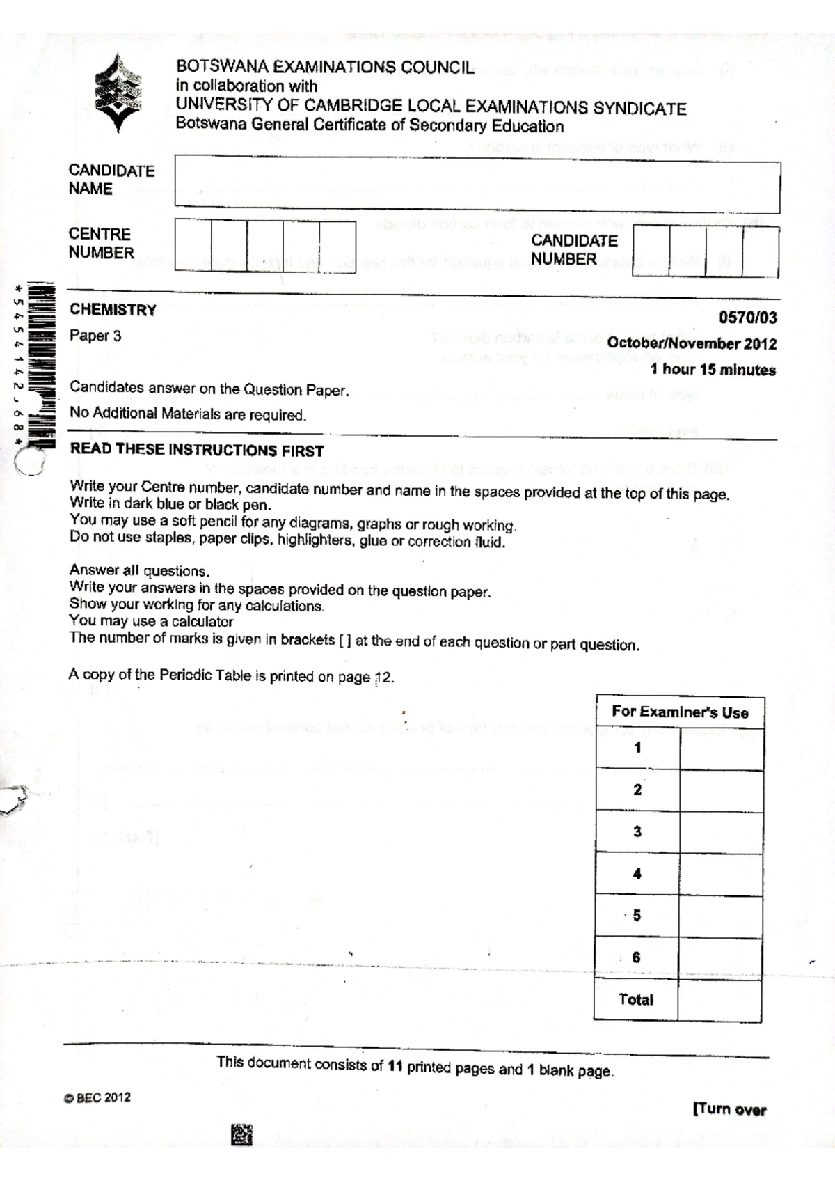 Bgcse chemistry paper 3 2012 - BOTSWANA EXAMINATIONS COUNCIL in ...