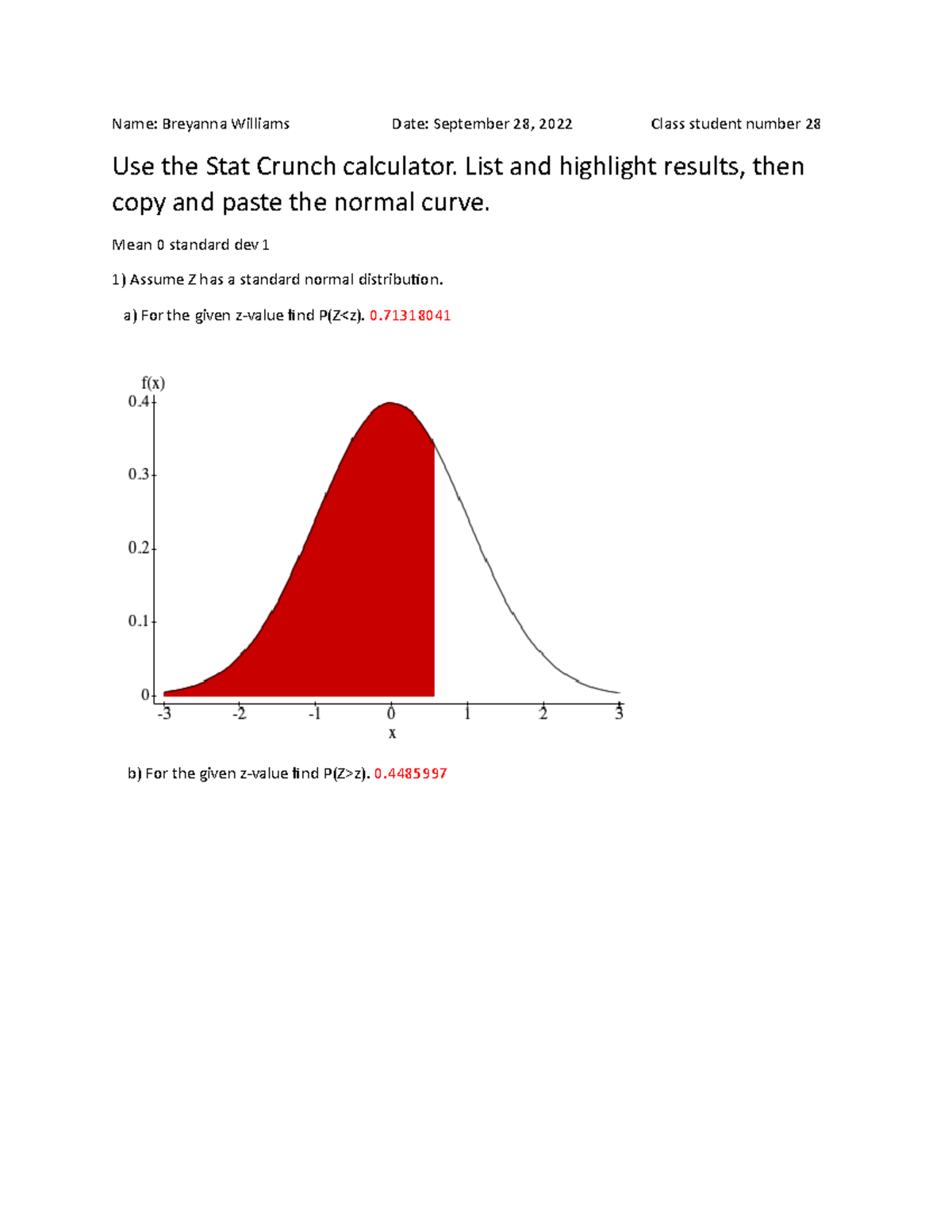 1203 Normality 1HW - Name: Breyanna Williams Date: September 28, 2022 ...