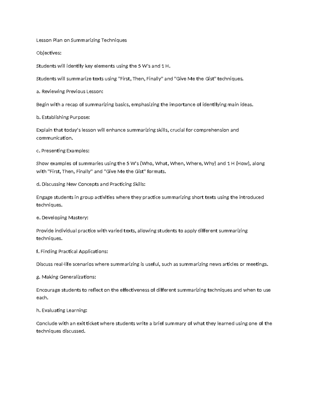 Lesson Plan on Summarizing Techniques day 2-WPS Office - Lesson Plan on ...