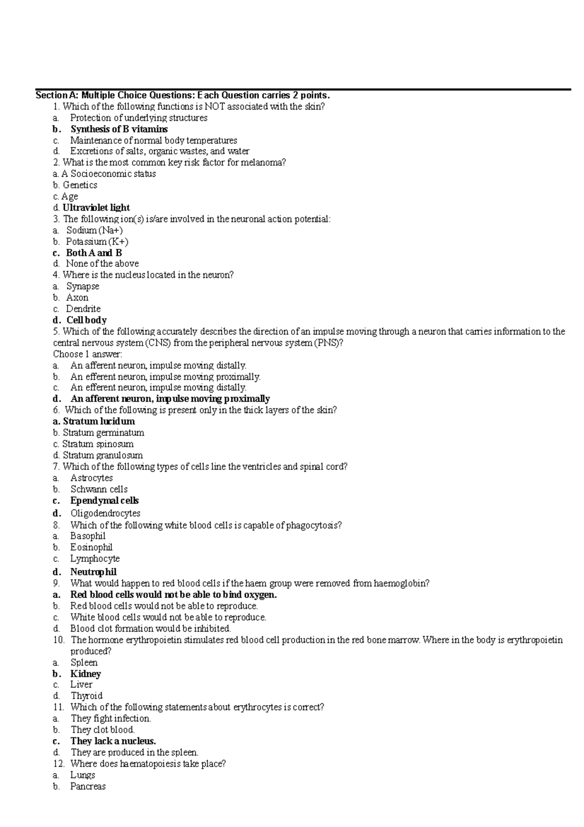 physiology practice questions - Section A: Multiple Choice Questions ...