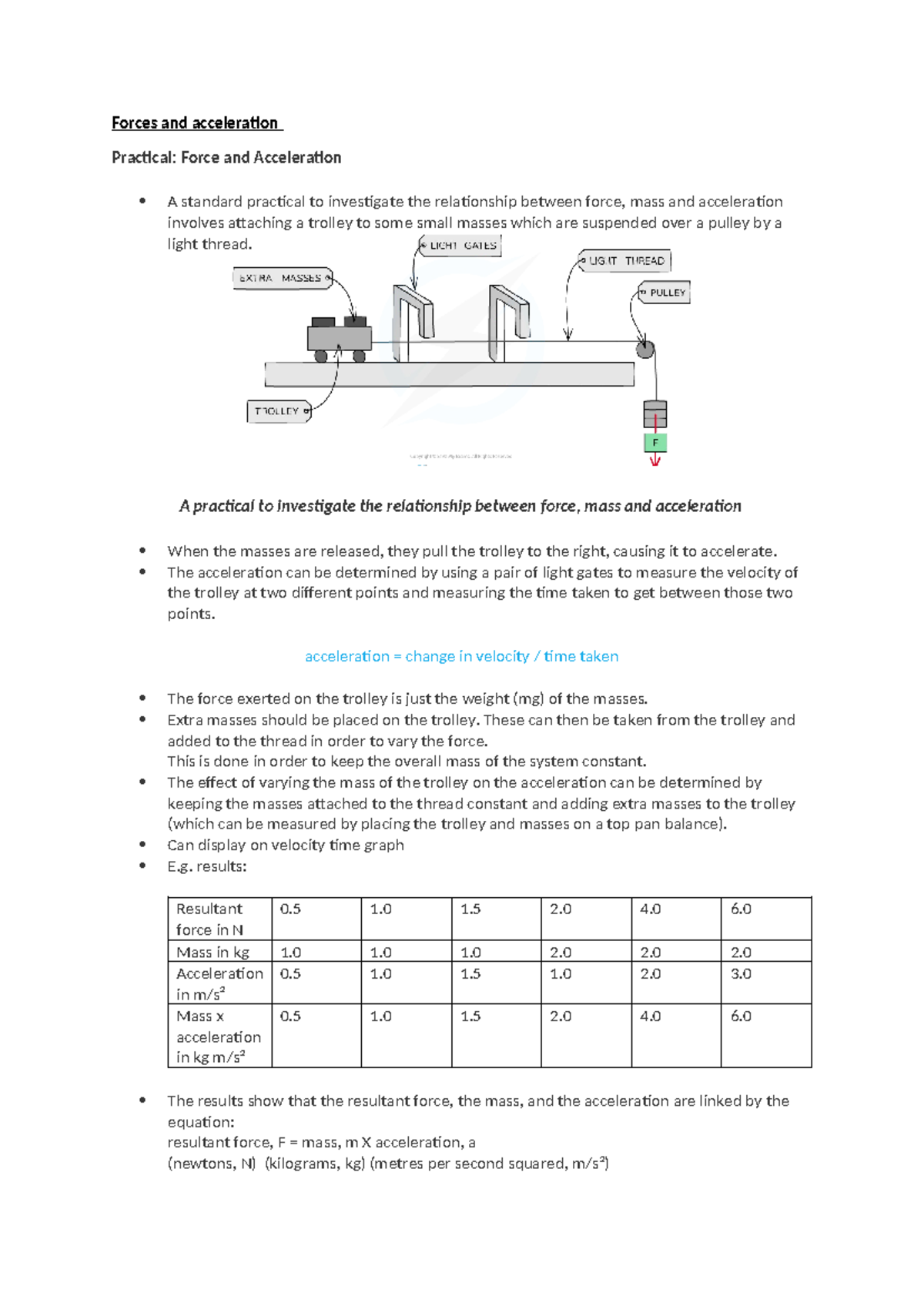 Physics paper 2 - Notes - Forces and acceleration Practical: Force and ...