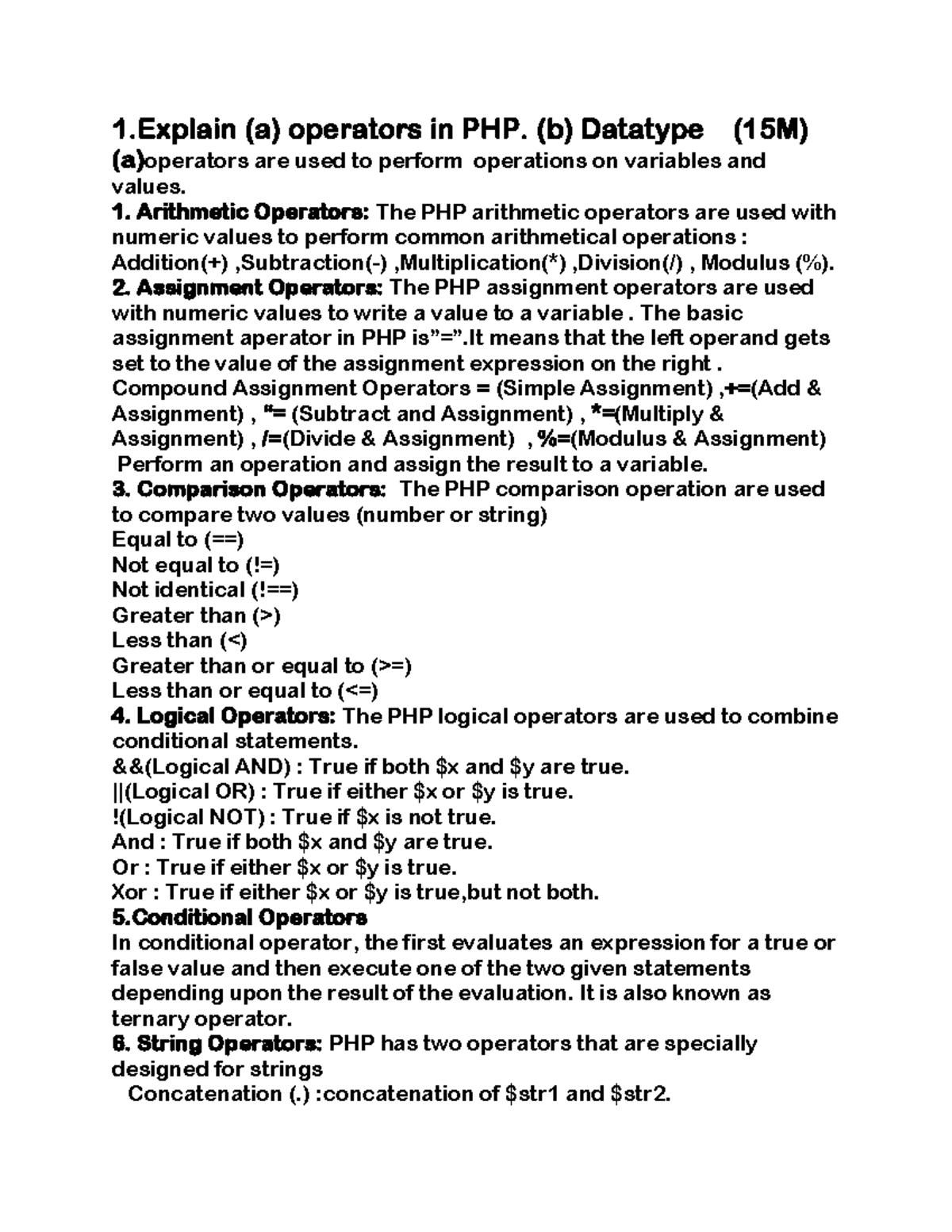 PHP full - 1 (a) operators in PHP. (b) Datatype (15M) (a)operators are used to perform ...