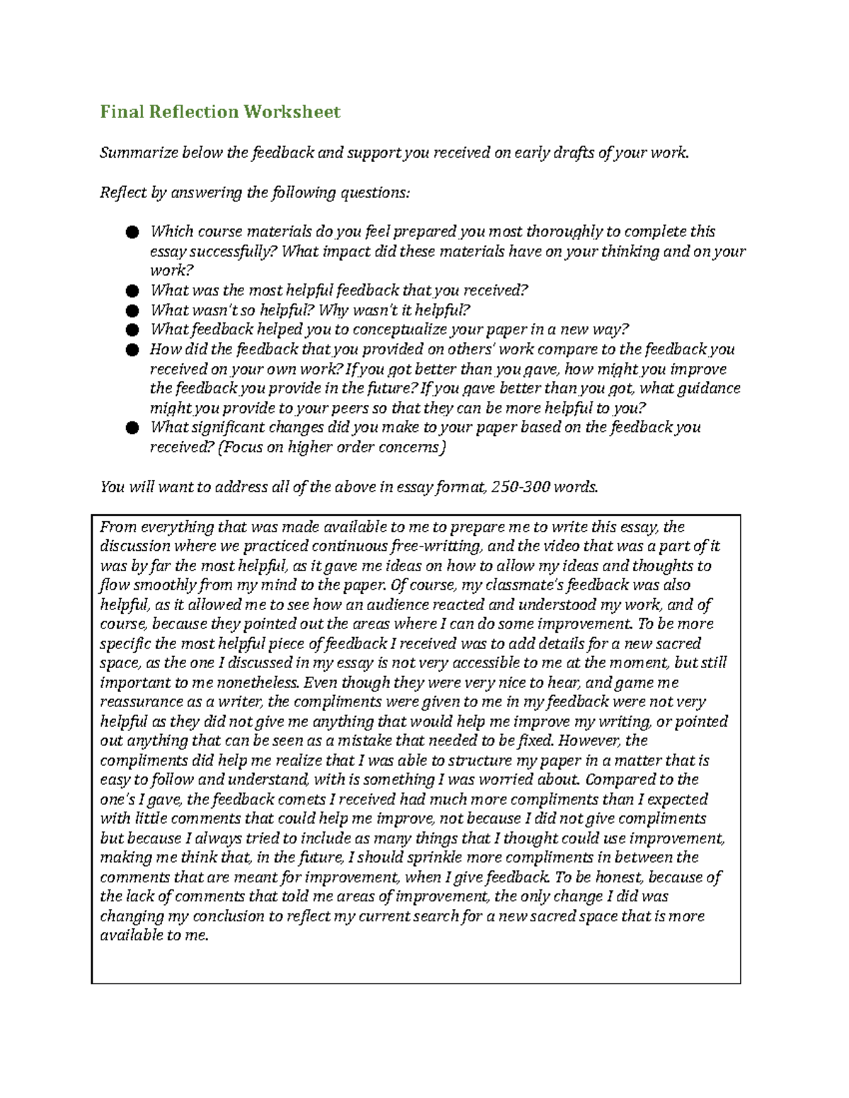 Sacred Space Final Reflection Worksheet - Final Reflection Worksheet ...