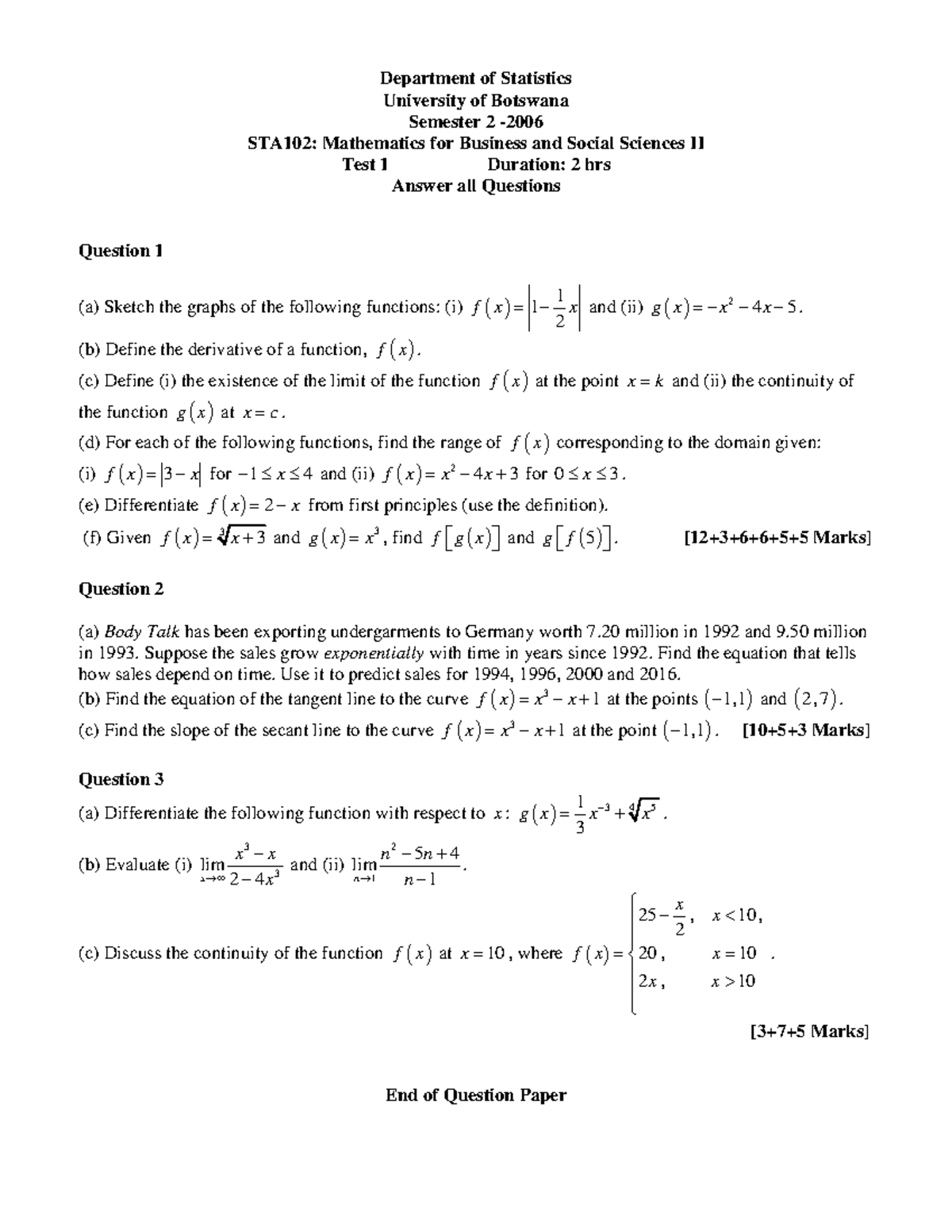 3STA102 Test 1 2006 - Introduction to Calculus -STA102 - Department of ...