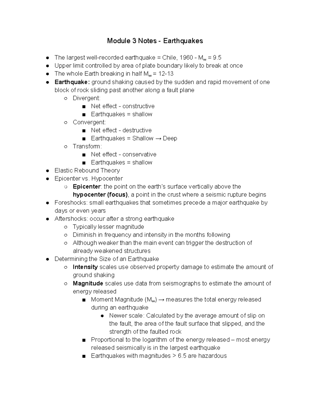 GEOL 101 Module 3 - Earthquakes Notes - Module 3 Notes - Earthquakes ...