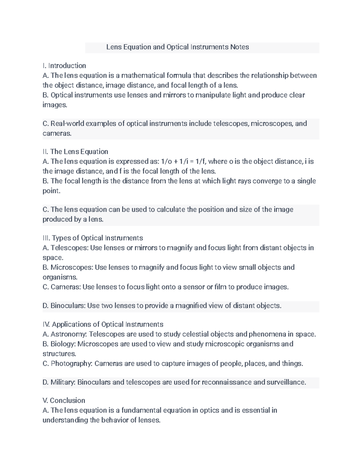 Lens Equation and Optical Instruments Notes - Introduction A. The lens ...