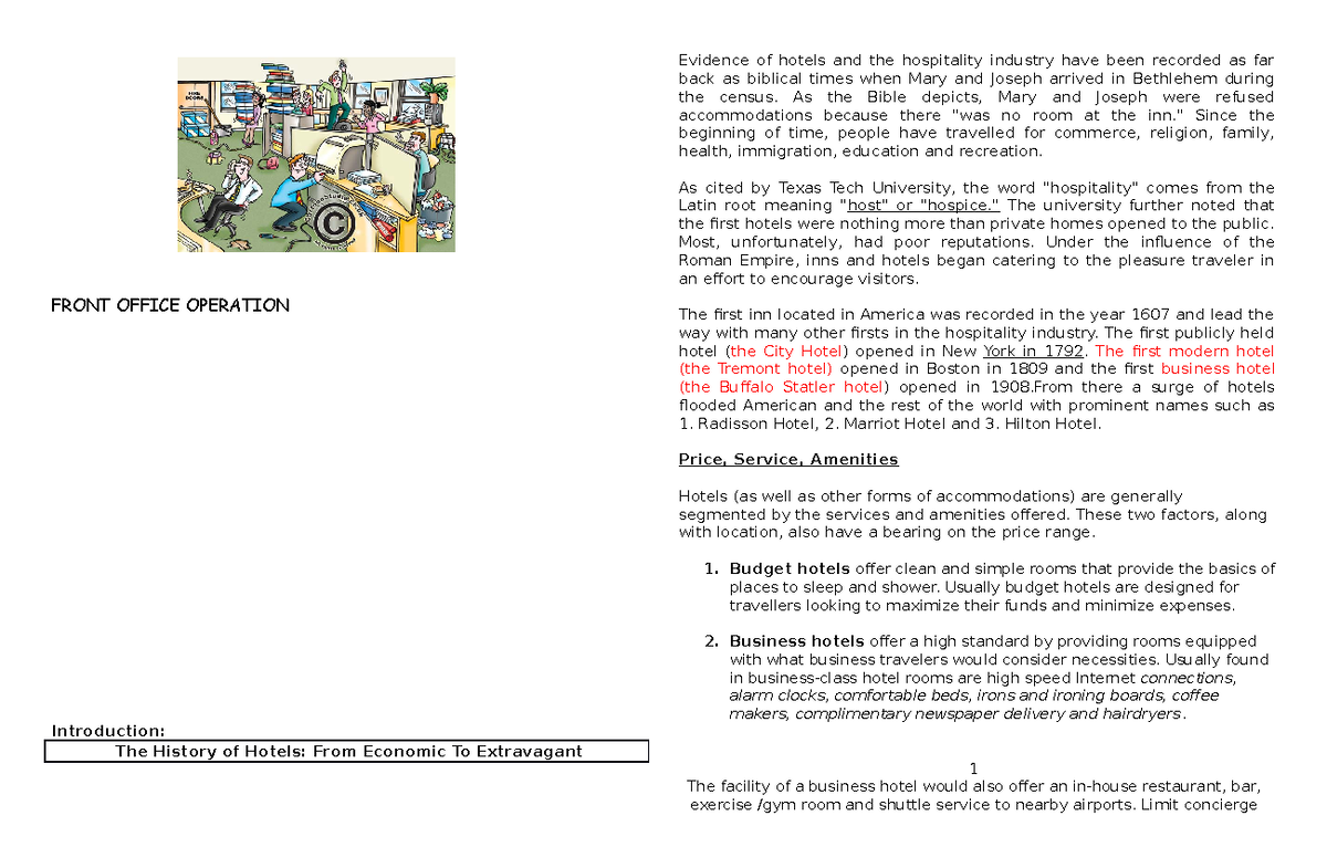 Lecture-f.O - guide - FRONT OFFICE OPERATION Introduction: The History of Hotels: From Economic ...