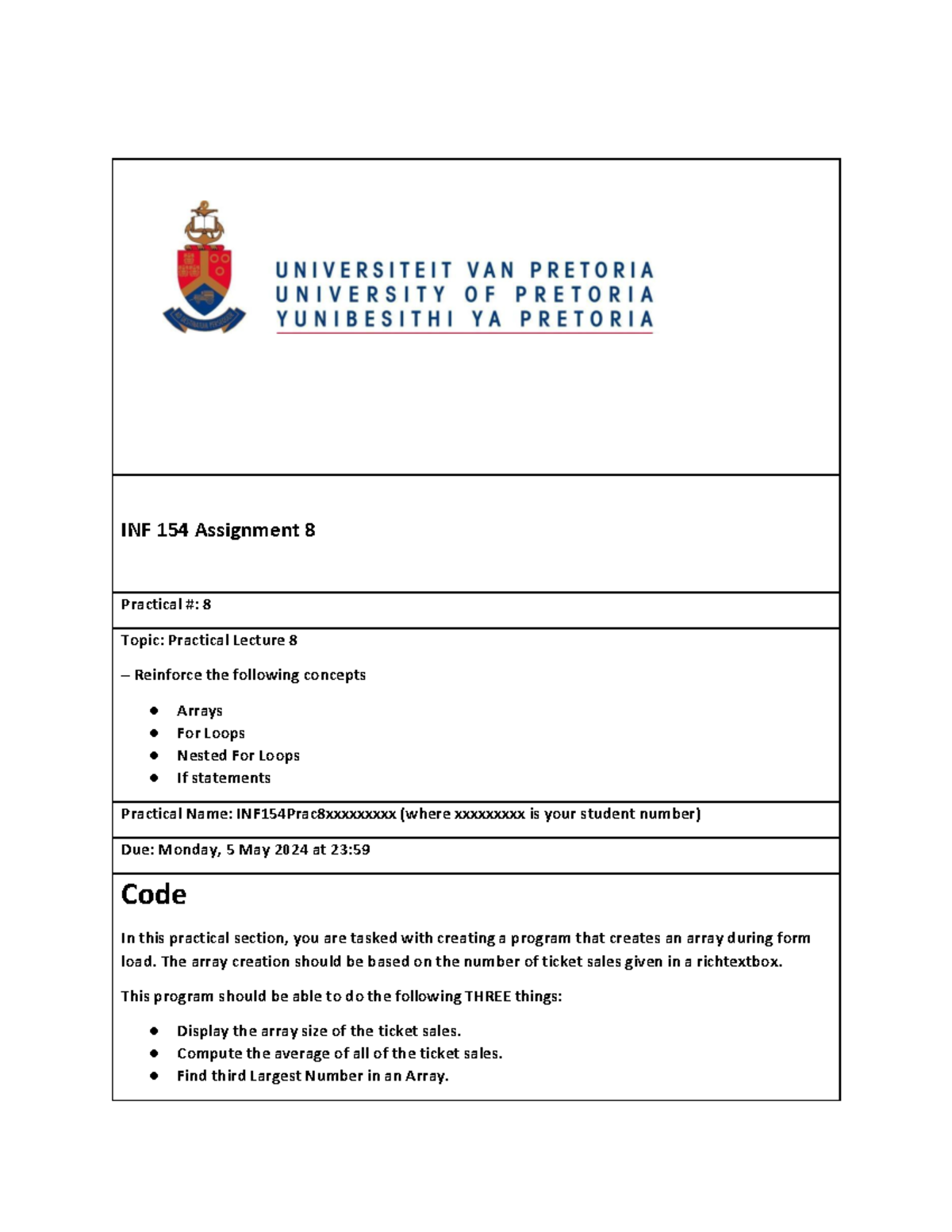 INF 154 Assignment 8 Rubric and instructions - INF 154 Assignment 8 Practical #: 8 Topic ...