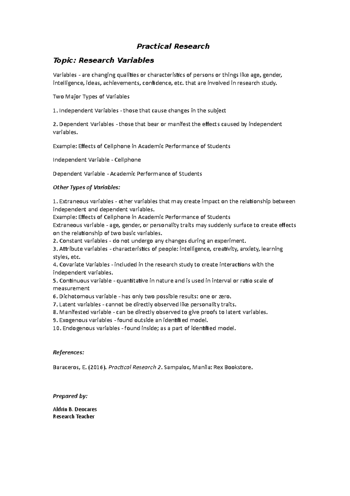 Research Handout #2 Kinds of Research Variables OK - Practical Research Topic: Research ...