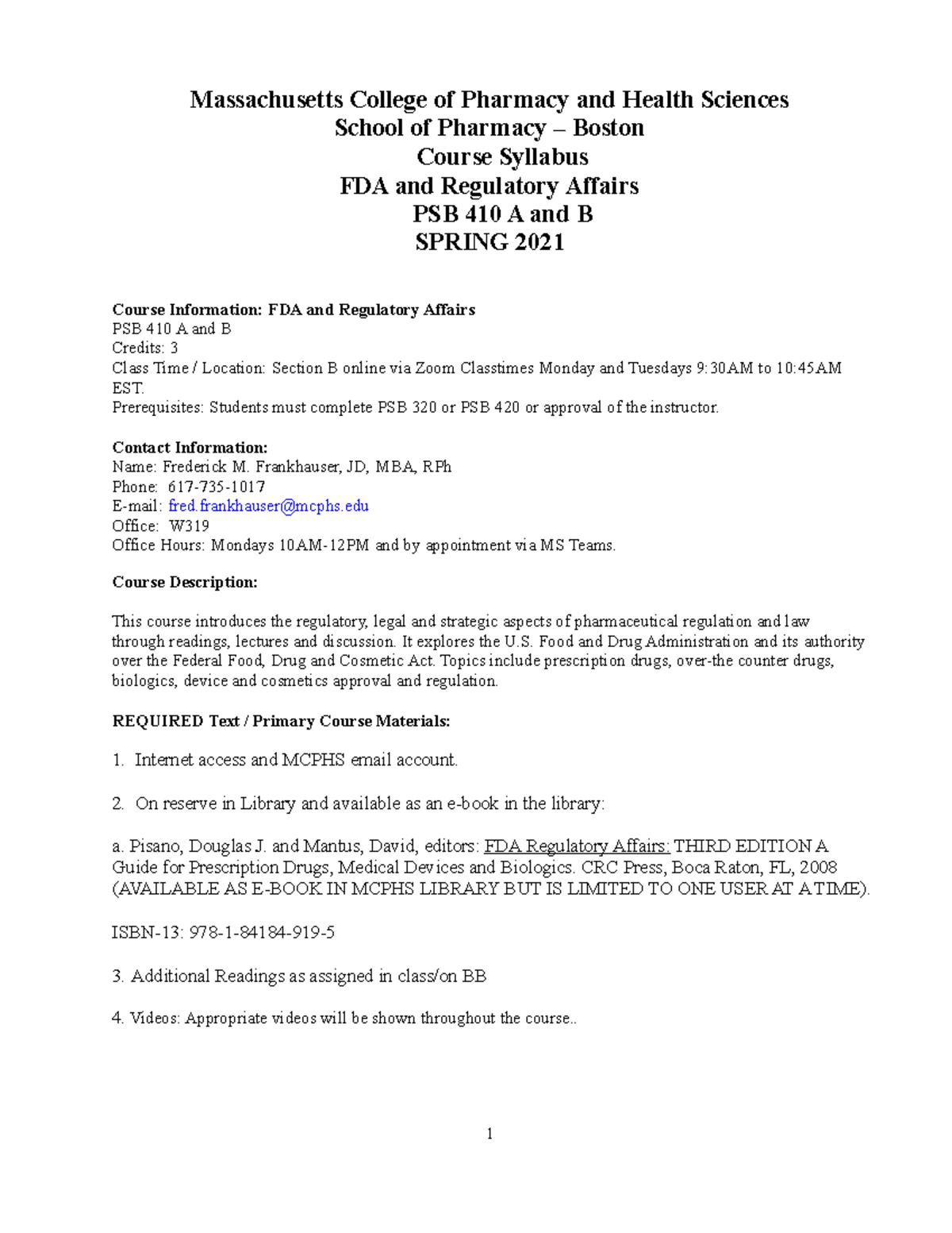 PSB 410 FDA Syllabus Spring 2021-2 - Massachusetts College of Pharmacy ...