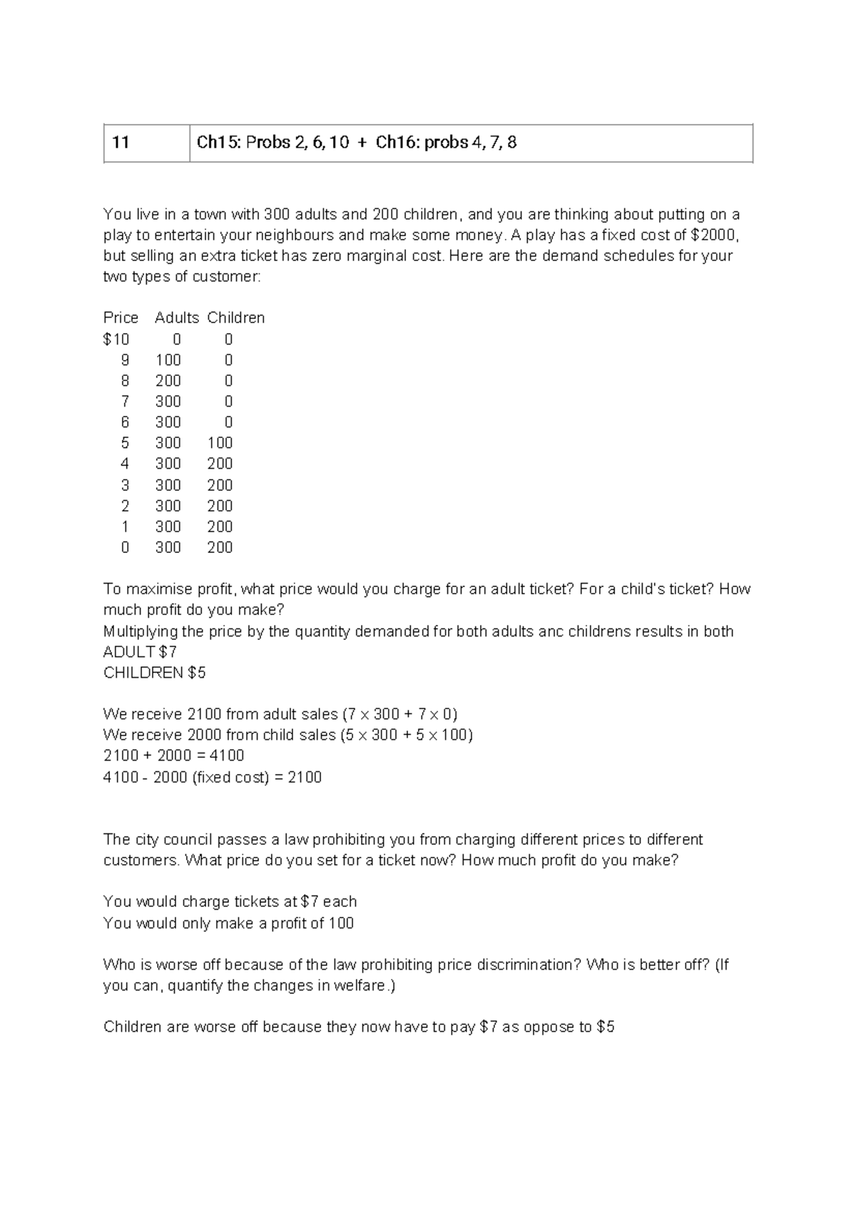 Micro week 11 - 11 Ch15: Probs 2, 6, 10 + Ch16: probs 4, 7, 8 You live ...