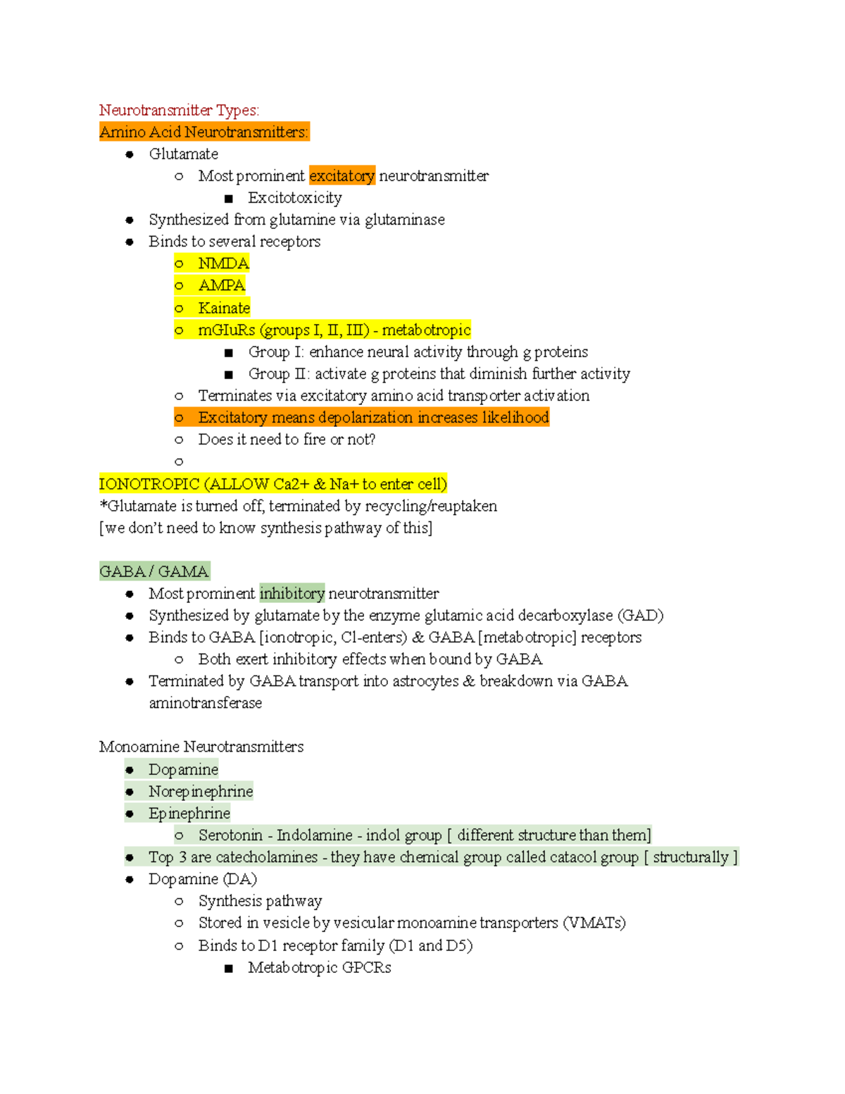 Chemical Signaling Notes - Neurotransmitter Types: Amino Acid ...
