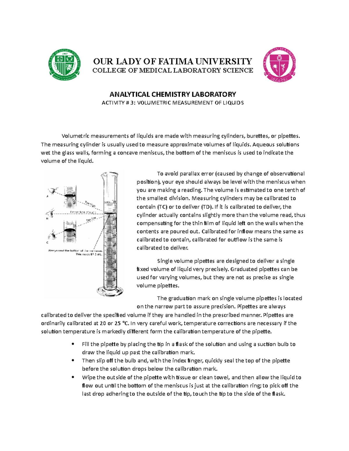 Amojelar- analytical chem lab #3 - OUR LADY OF FATIMA UNIVERSITY COLLEGE OF MEDICAL LABORATORY ...