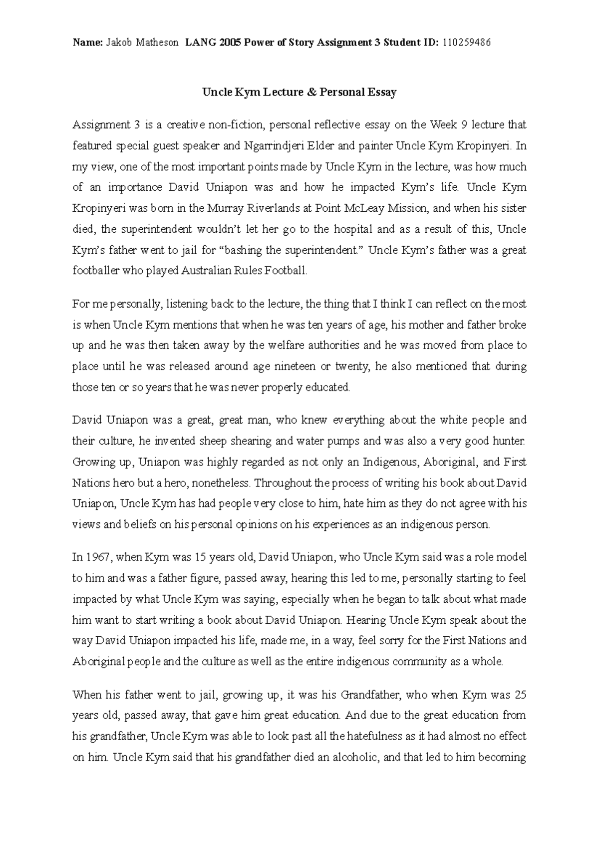 Power of Story Assignment 3 - Uncle Kym Lecture & Personal Essay ...