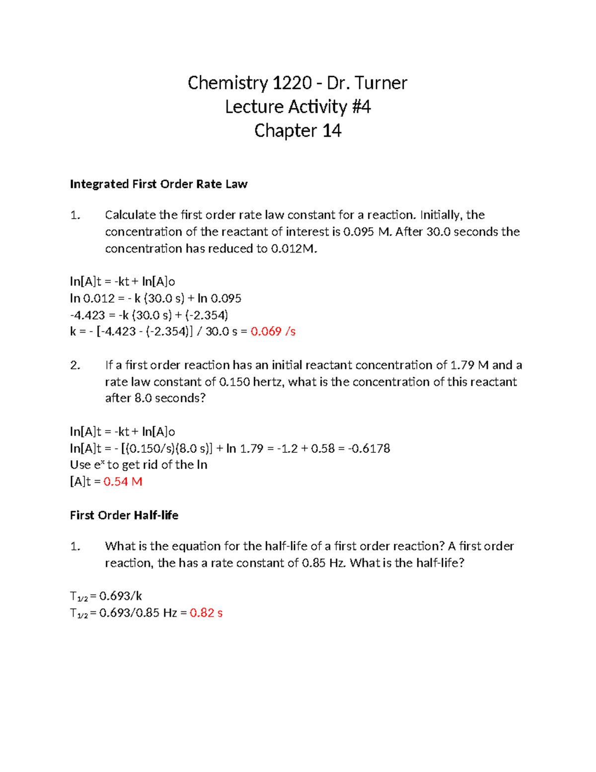 Key - Lecture Activity #4 - Chemistry 1220 - Dr. Turner Lecture ...
