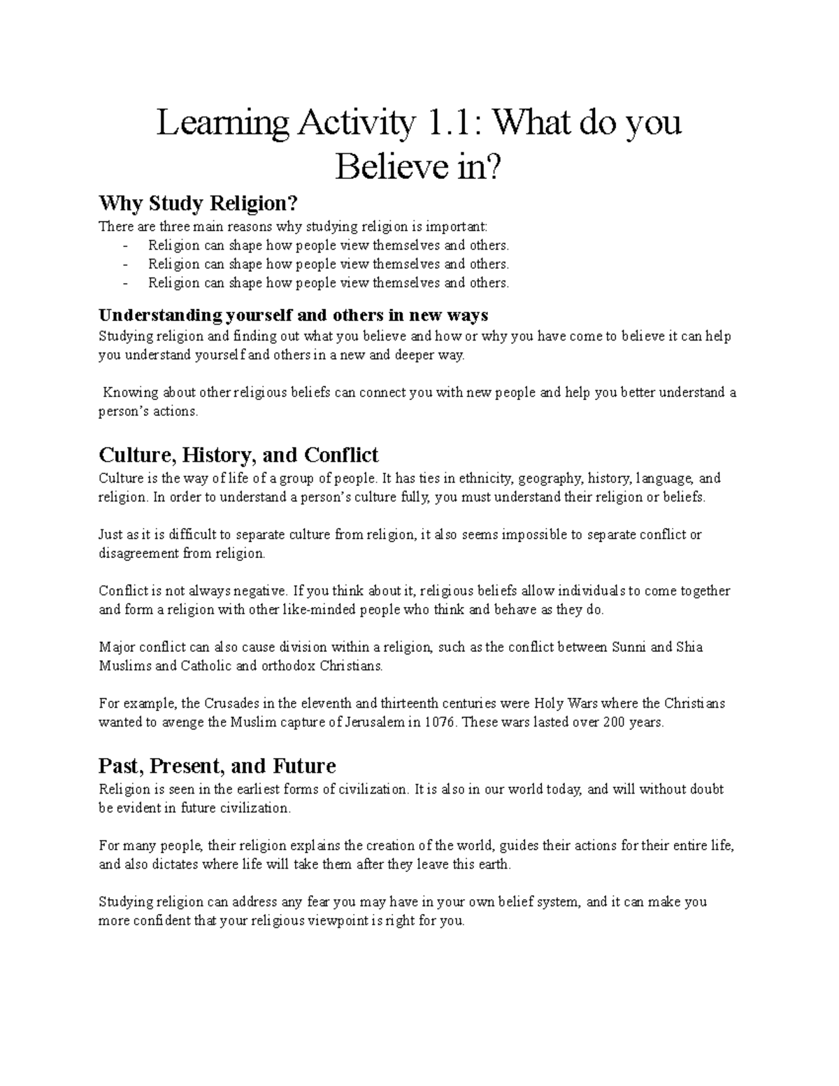 Learning Activity 1 - hello - Learning Activity 1: What do you Believe ...